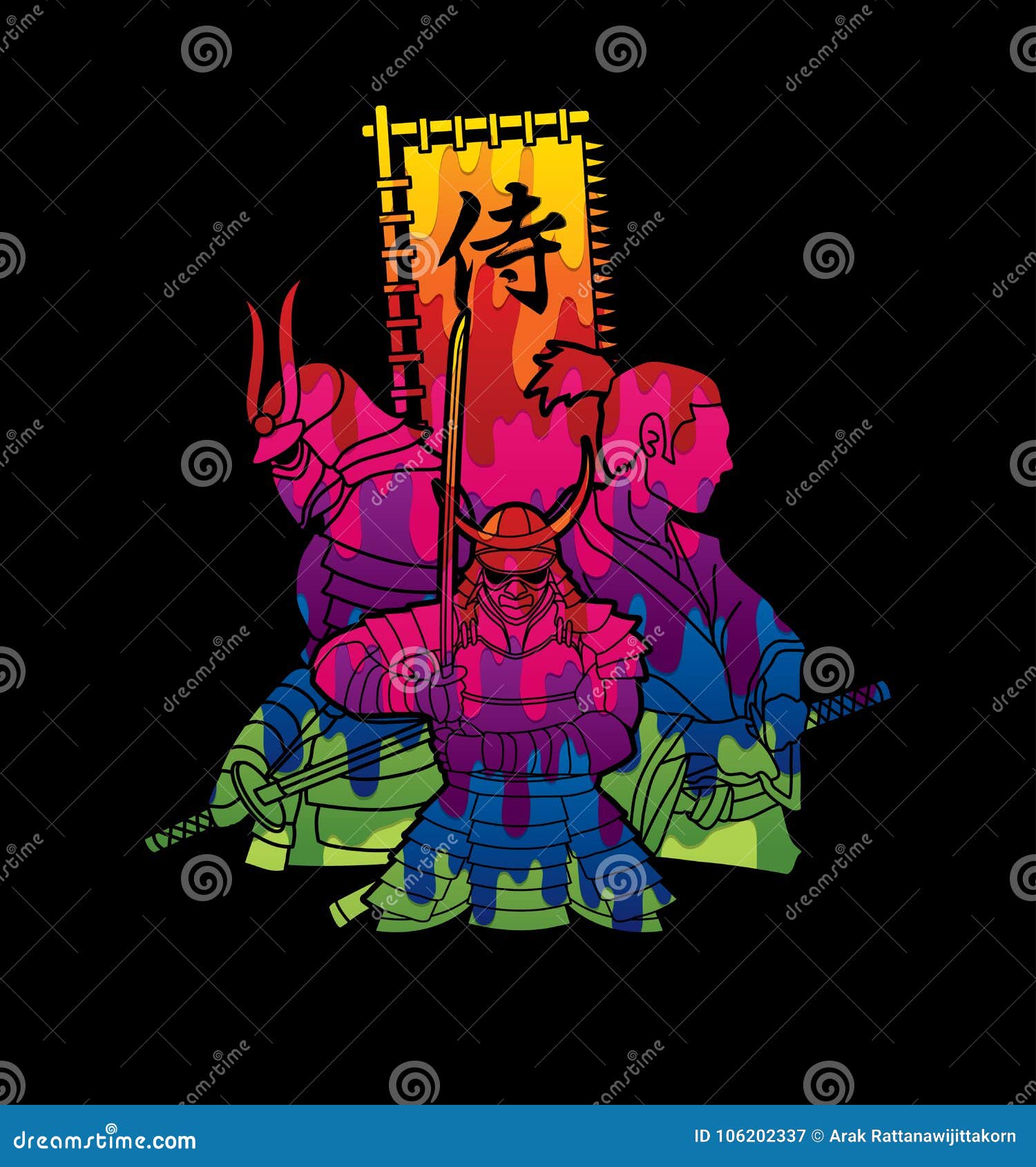 3 Samurai Composition with Flag Japanese Font Mean Samurai Graphic ...