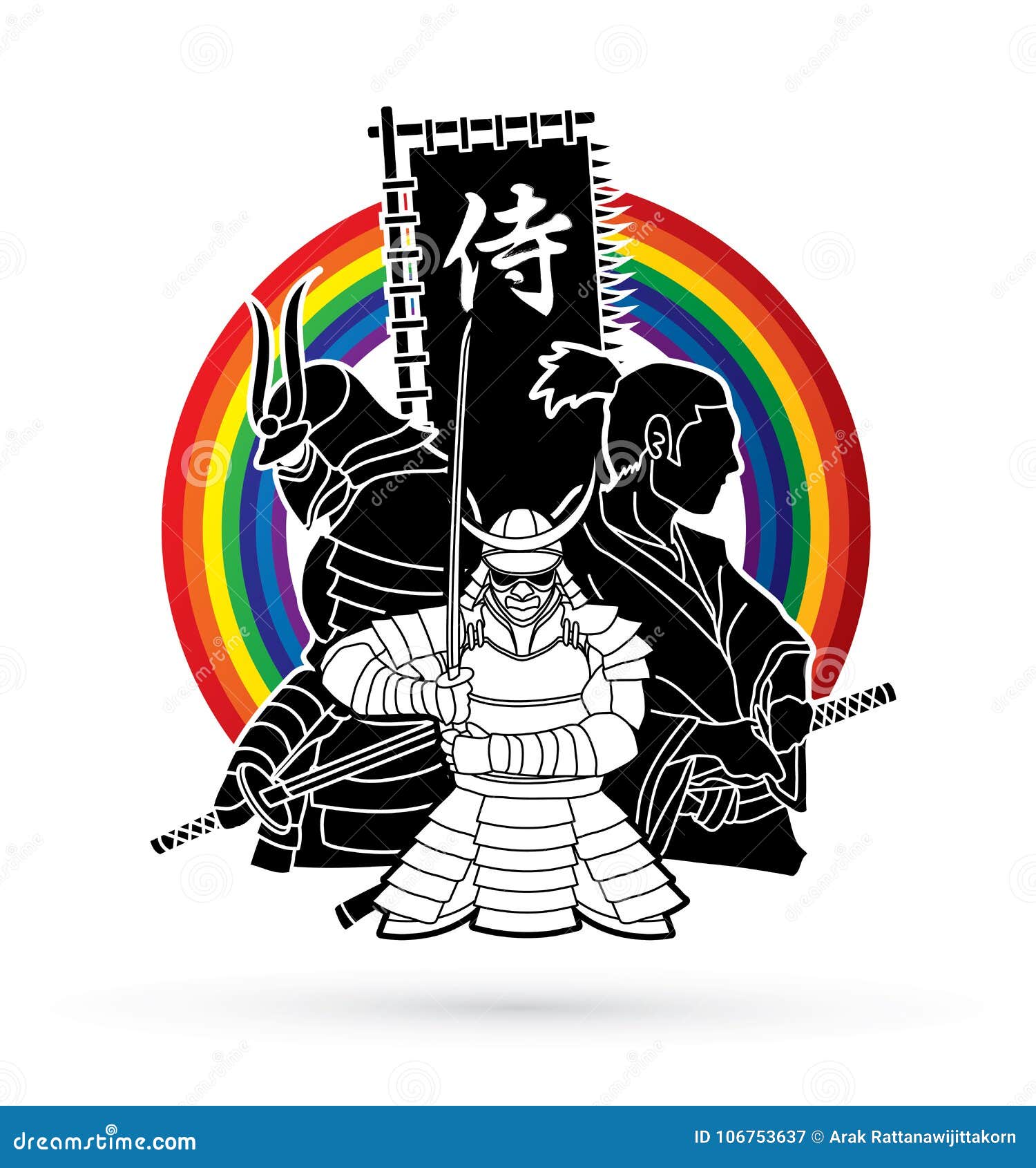 3 Samurai Composition with Flag Japanese Font Mean Samurai Graphic ...