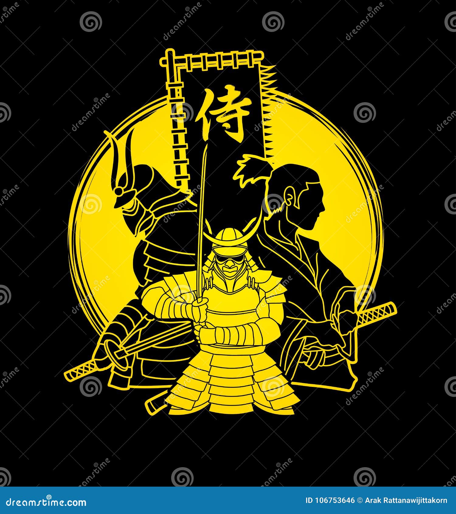 3 Samurai Composition with Flag Japanese Font Mean Samurai Graphic ...