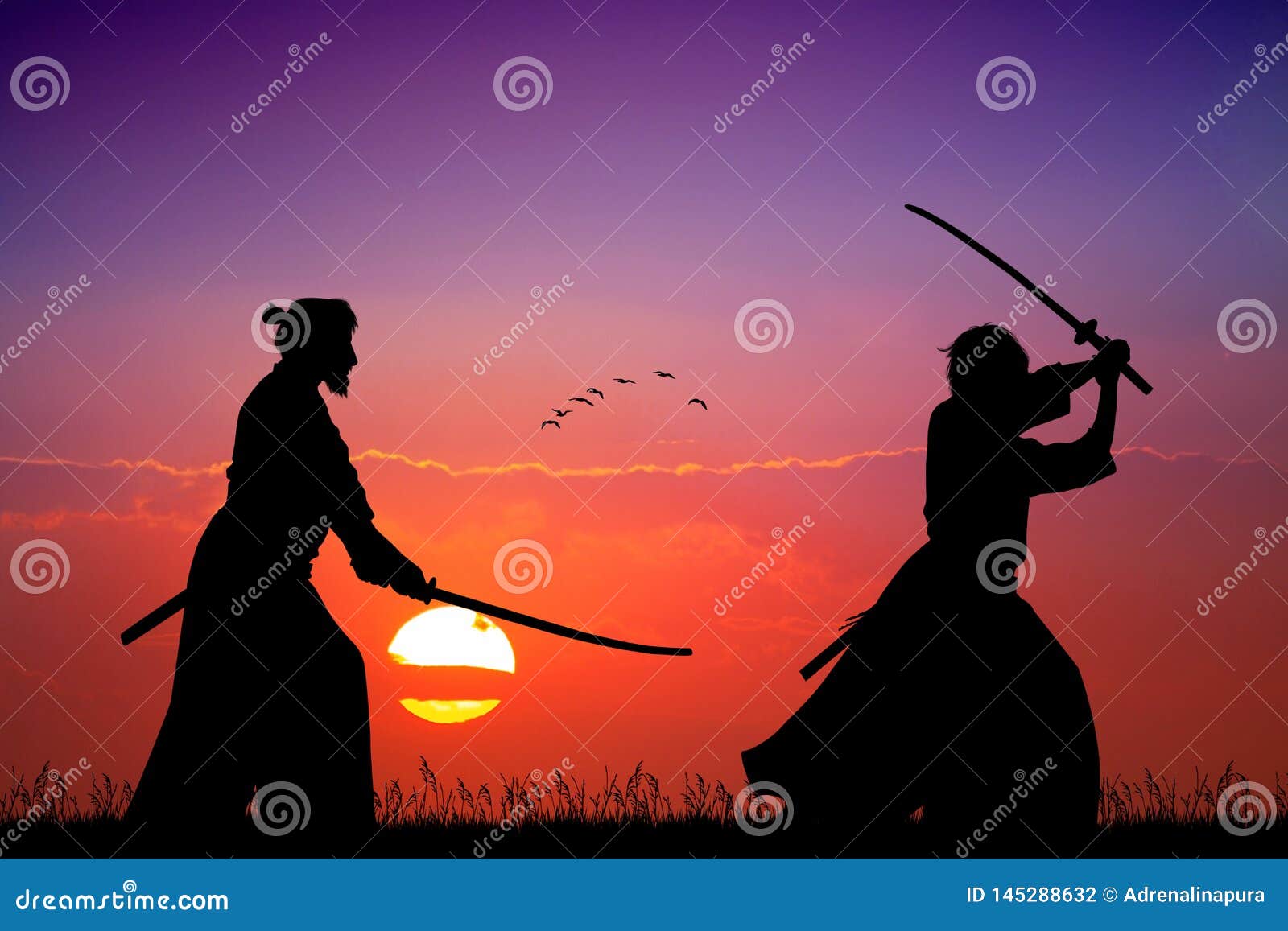Samurai Dos Con La Espada En La Puesta Del Sol Stock de ilustración ...