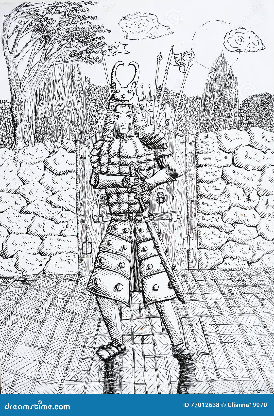 Samurai Drawing with Wall Gate Moon Trees Stock Illustration ...