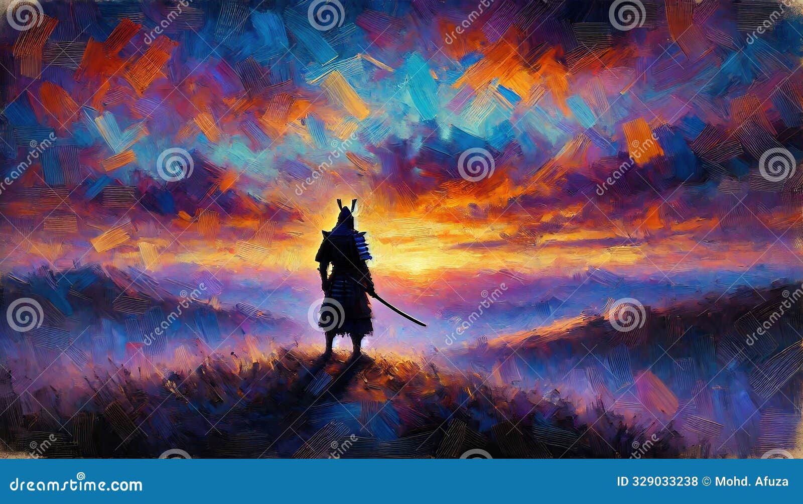A Lone Samurai Standing Against a Dramatic Sunset Stock Illustration ...