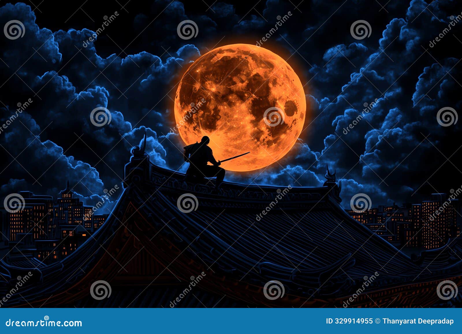 A Samurai Engaged In A Dramatic Rooftop Duel, Their Katanas Clashing ...