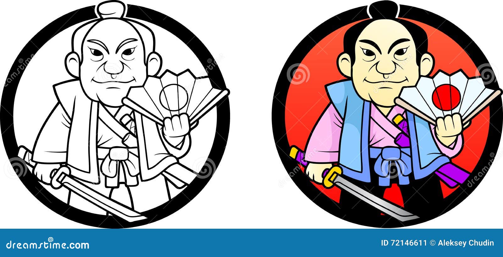 Samurai with a fan in hand stock vector. Illustration of outline - 72146611