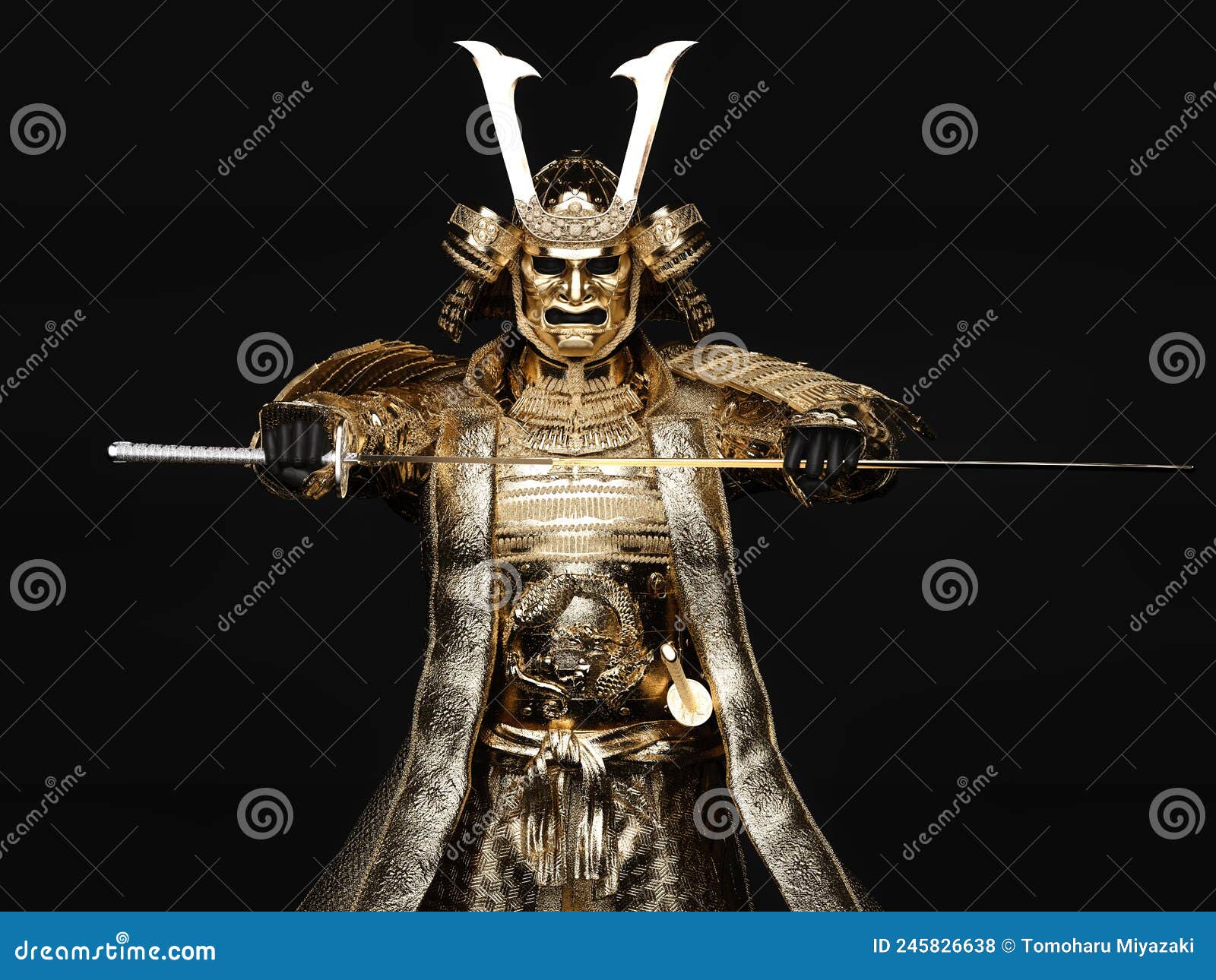 Samurai Figure Wearing Gold Armor And Drawing A Sword Royalty-Free ...