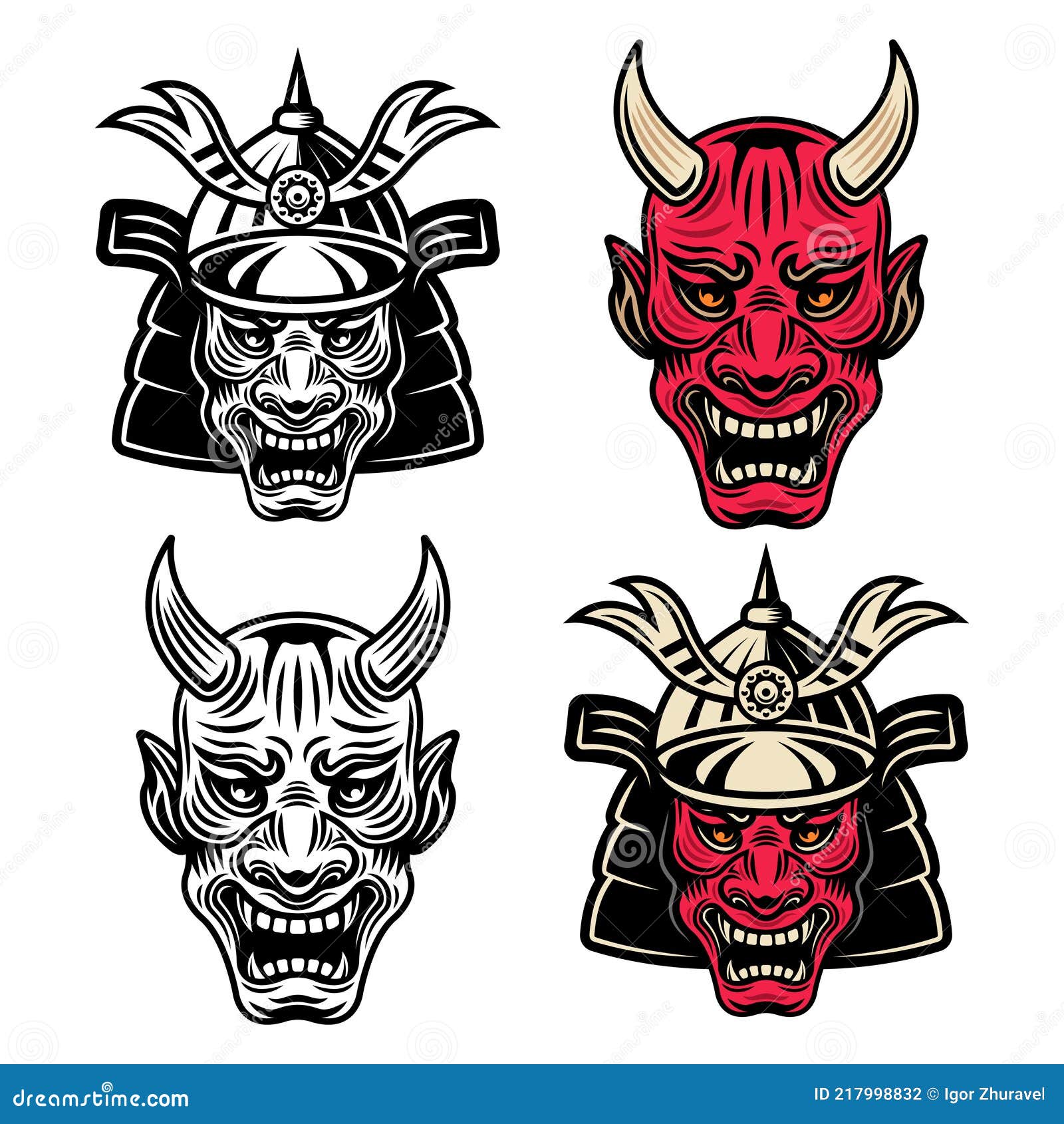 Samurai Heads Set of Vector Objects or Design Elements in Two Styles ...