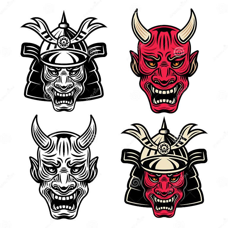 Samurai Heads Set of Vector Objects or Design Elements in Two Styles ...
