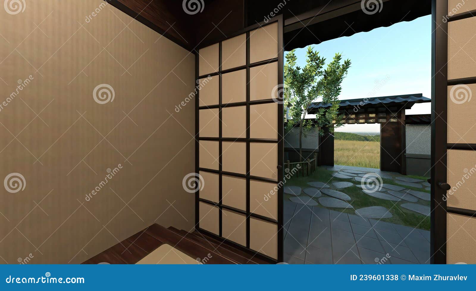 Samurai House Exterior and Interior 3d Illustration Stock Illustration ...