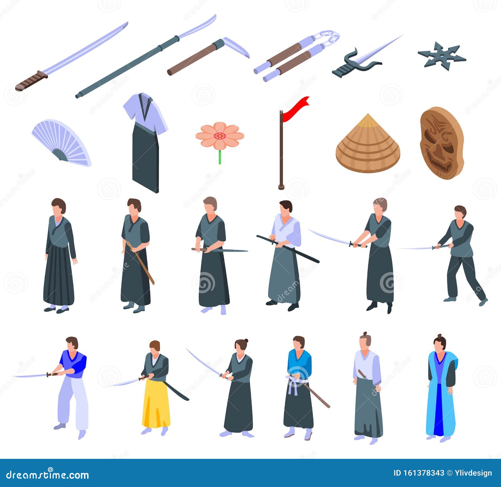 Samurai Icons Set, Isometric Style Stock Vector - Illustration of ...