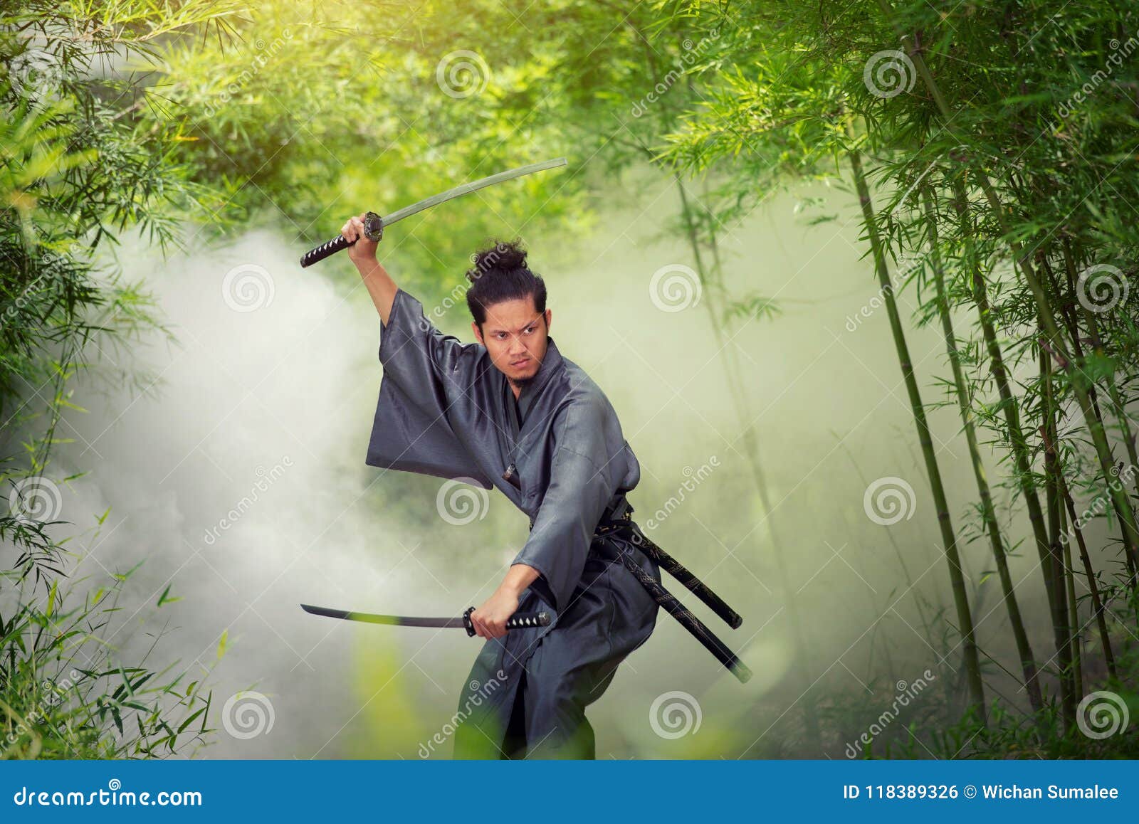 Angry Samurai In Armor Using Laptop On Dark Background Royalty-Free ...