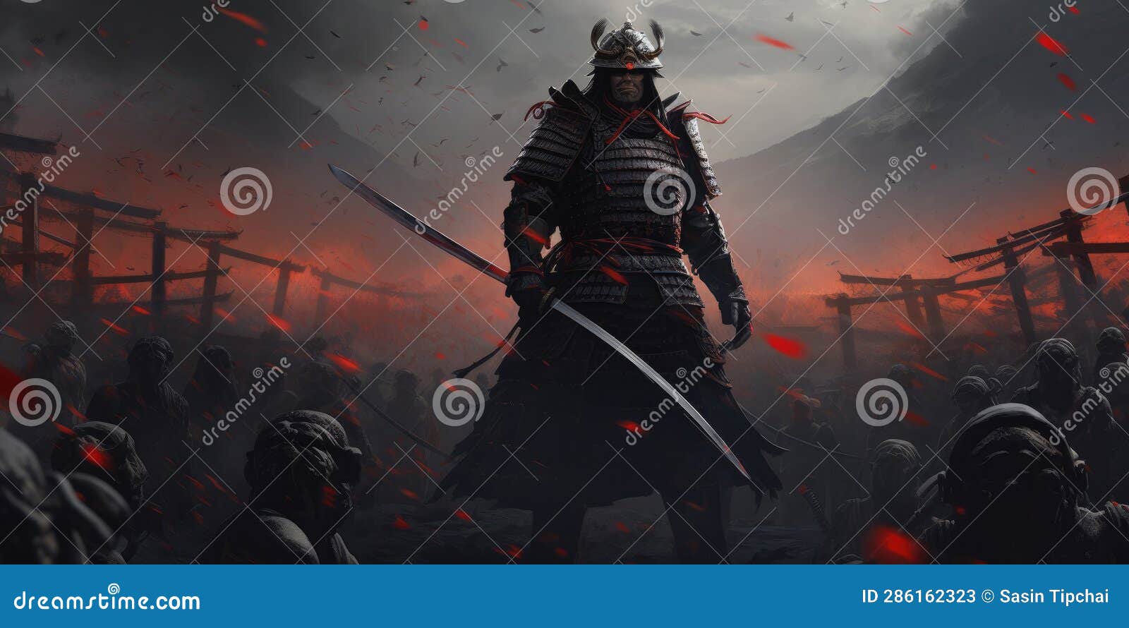 A Samurai with a Katana Stands Ready To Fight Against a Huge Army Stock ...