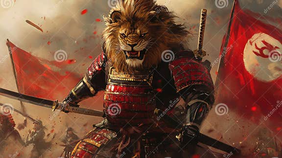 Samurai Lion is Furious on the Battlefield Stock Illustration ...