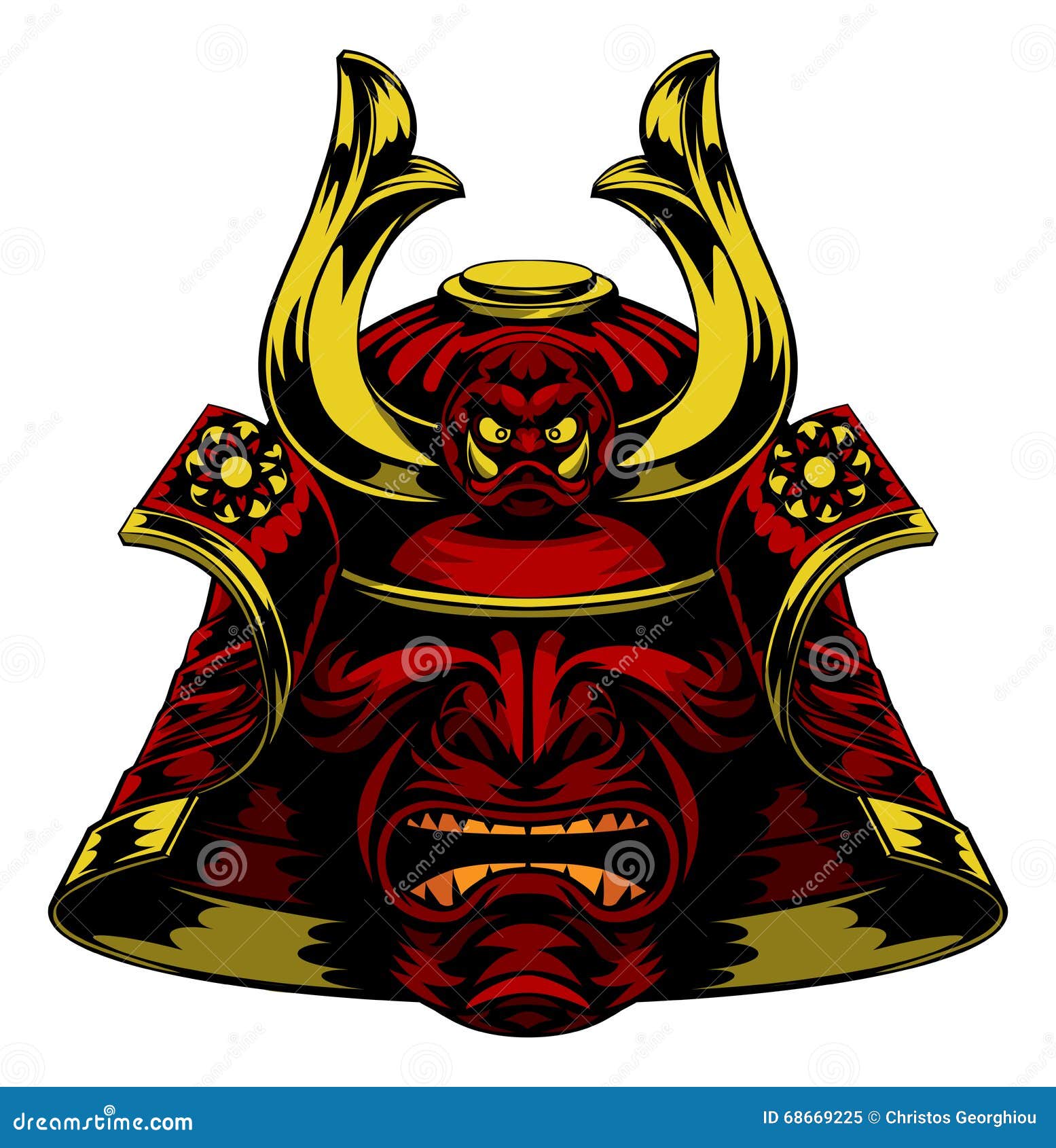 Samurai Mask Woodcut Style Cartoon Vector | CartoonDealer.com #68611597