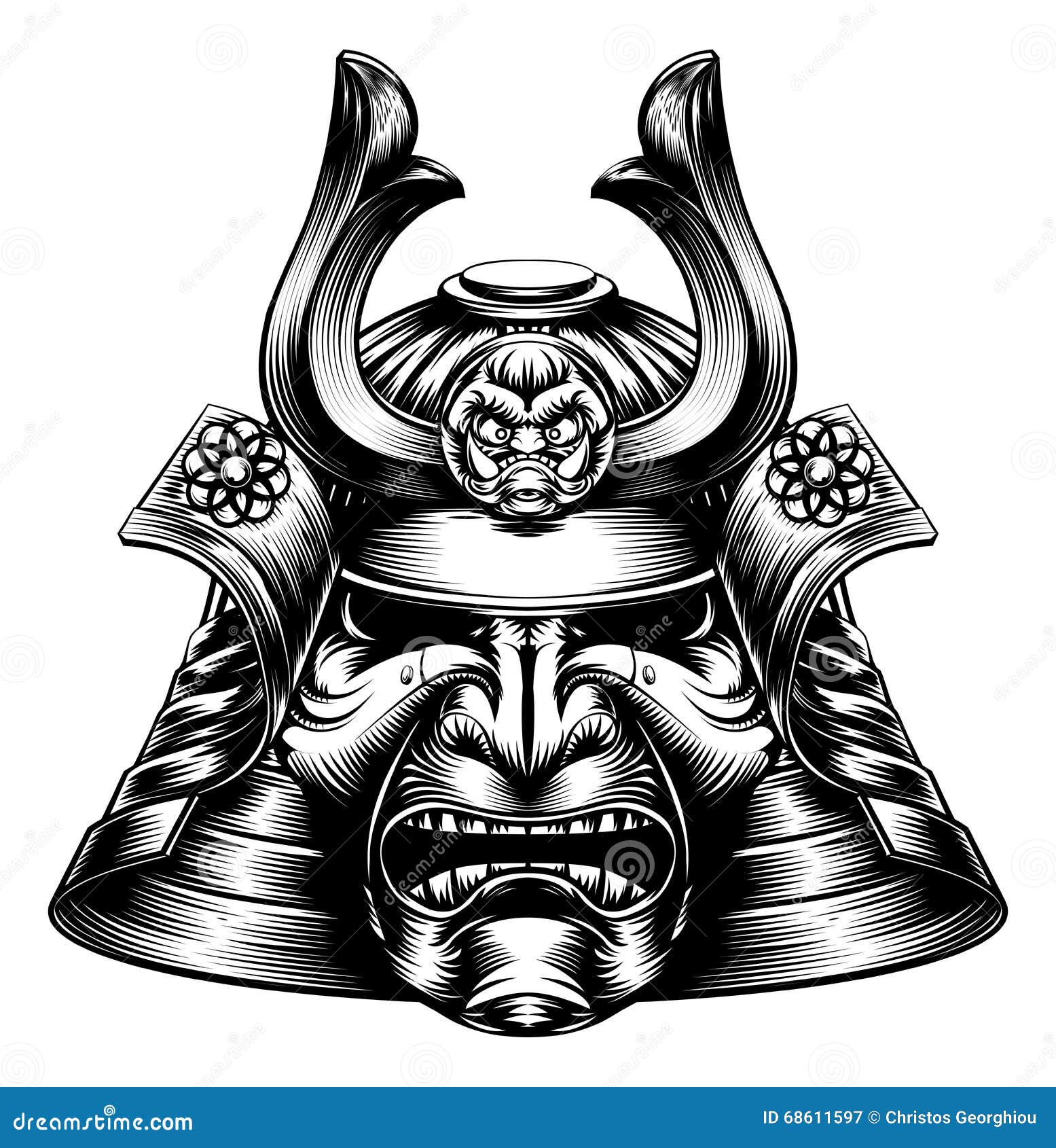Samurai Mask In Helmet And Katana Swords Emblem Cartoon Vector ...