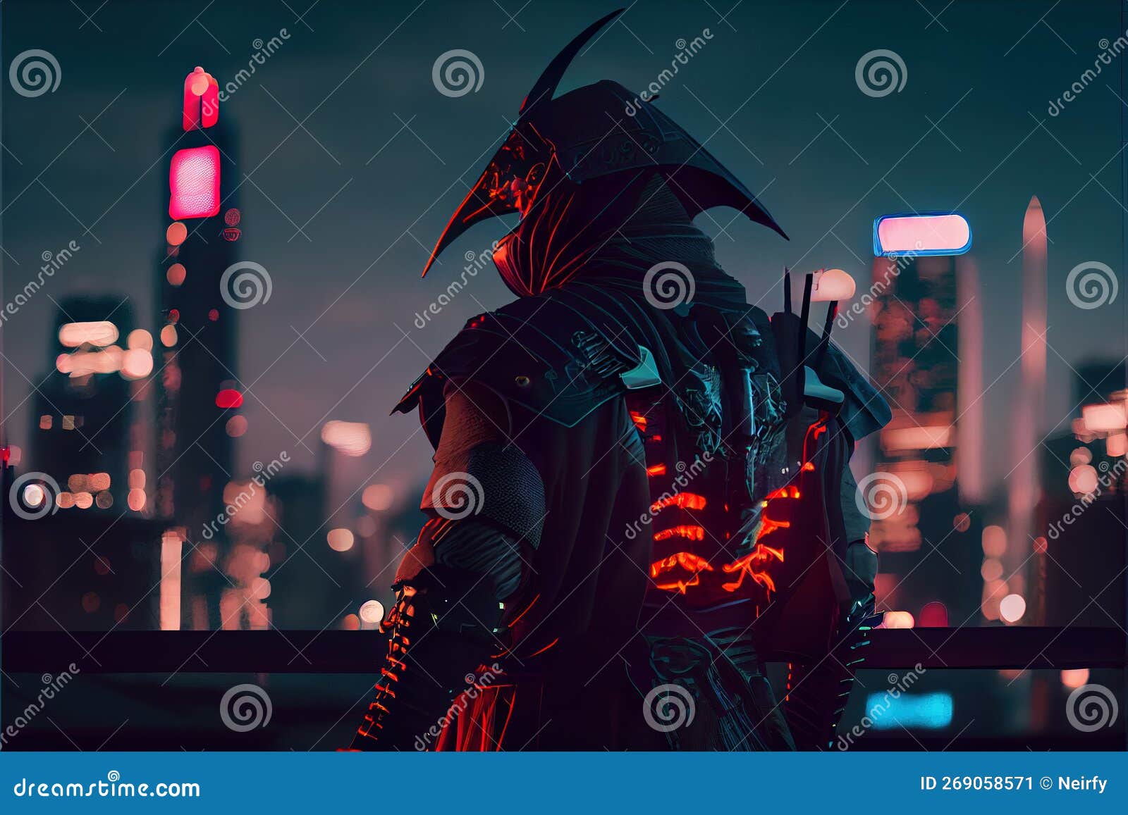 Samurai in Night City Neon Lights on Background. Stock Illustration ...