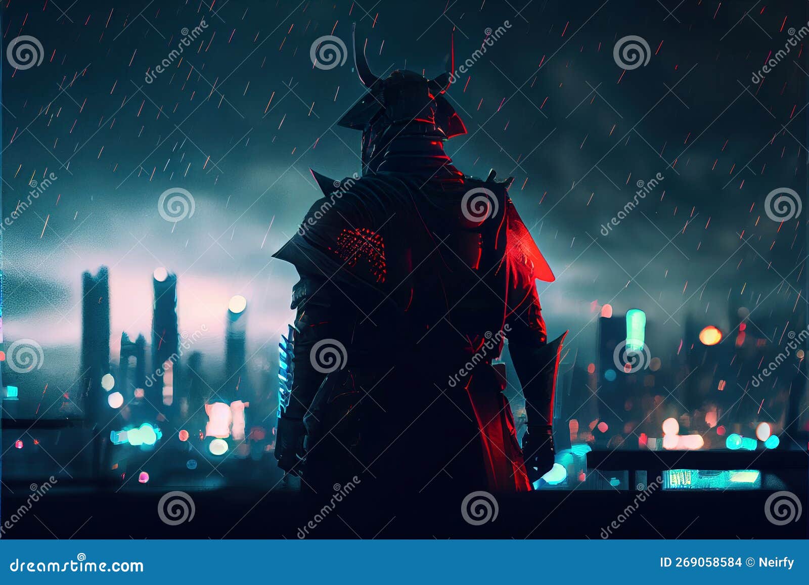 Samurai in Night City Neon Lights on Background. Stock Illustration ...