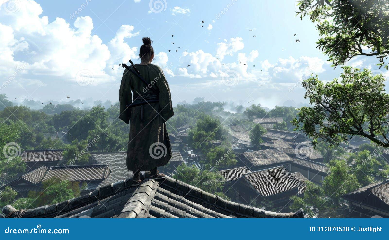A Samurai Perches on a Rooftop Surveying the Land Below with Sharp Eyes ...