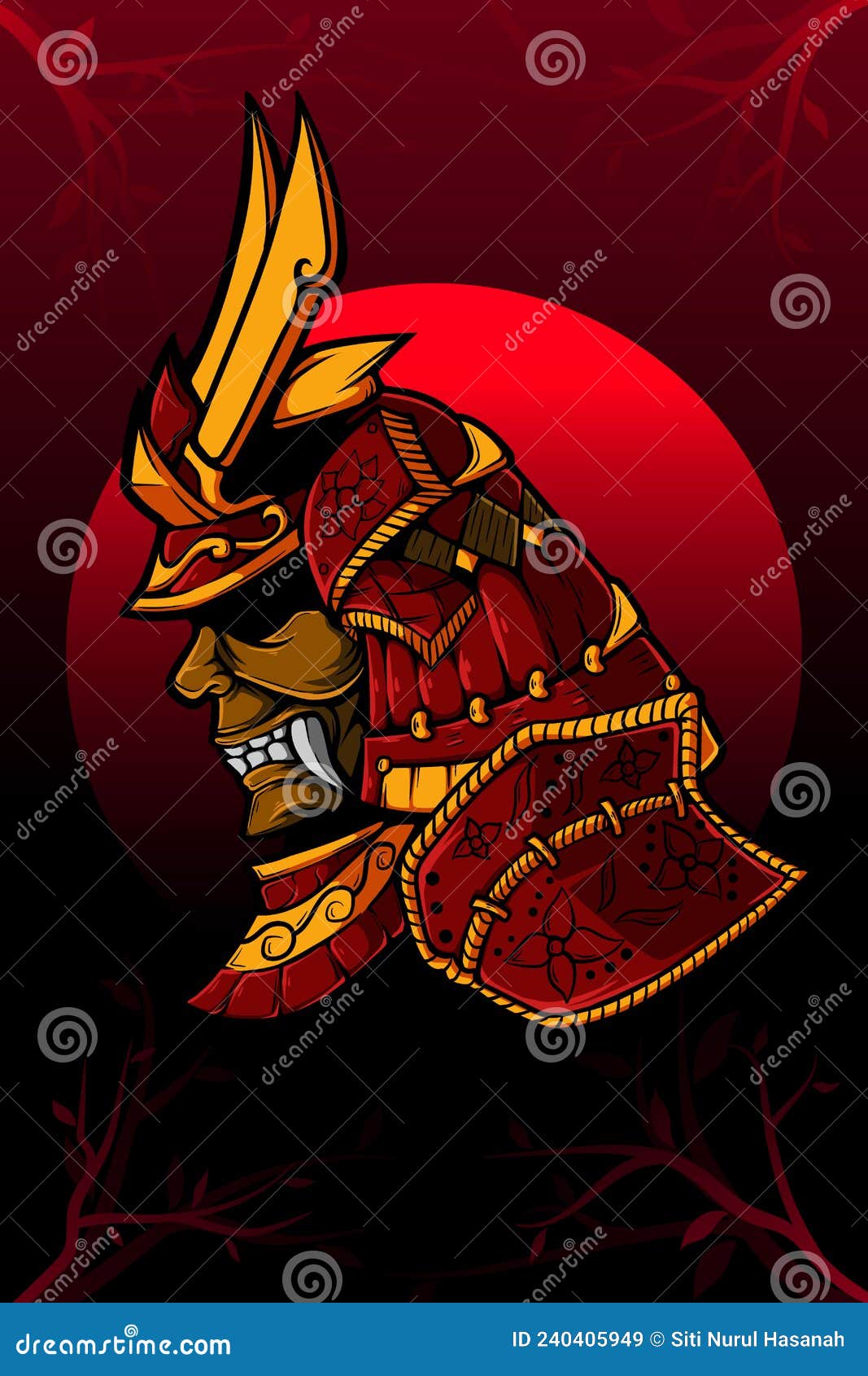 Samurai and Red Moon Vector Illustration Stock Vector - Illustration of ...