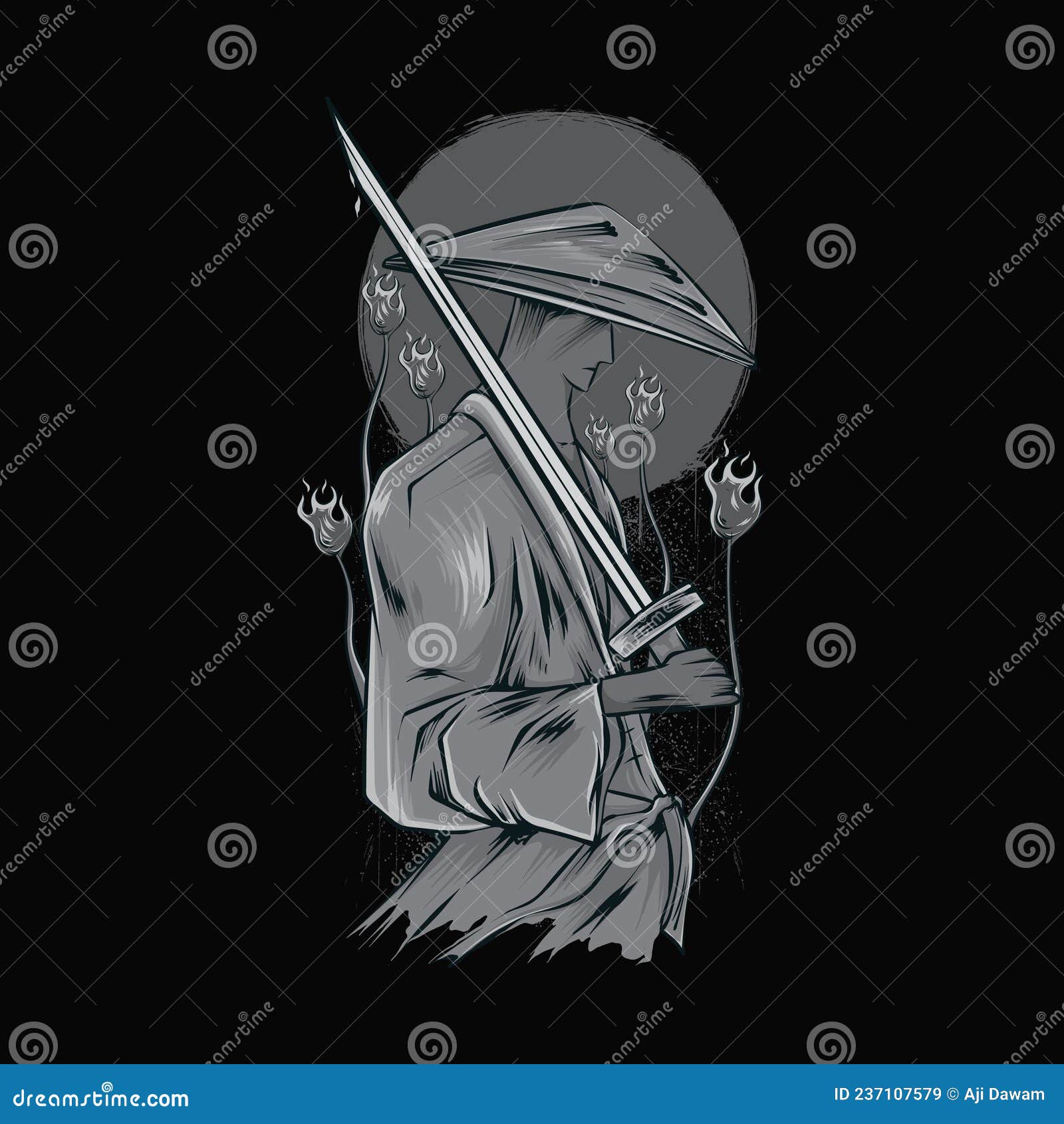 Samurai Ronin With Bird Illustration Black And White Cartoon Vector ...