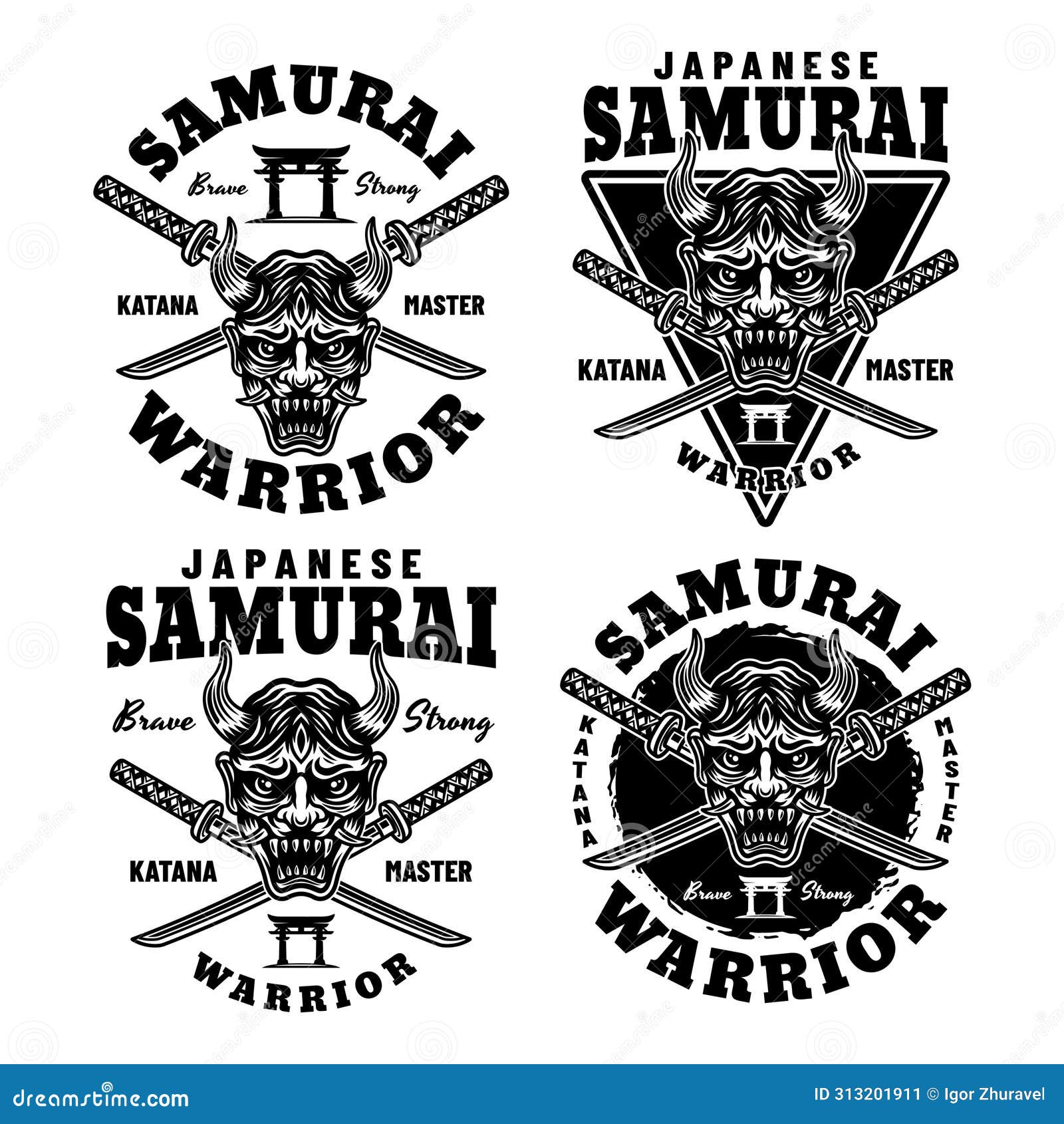 Samurai Set of Vector Monochrome Emblems, Badges, Labels Isolated on ...