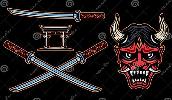 Samurai Set of Vector Objects or Design Elements in Colored Style on ...