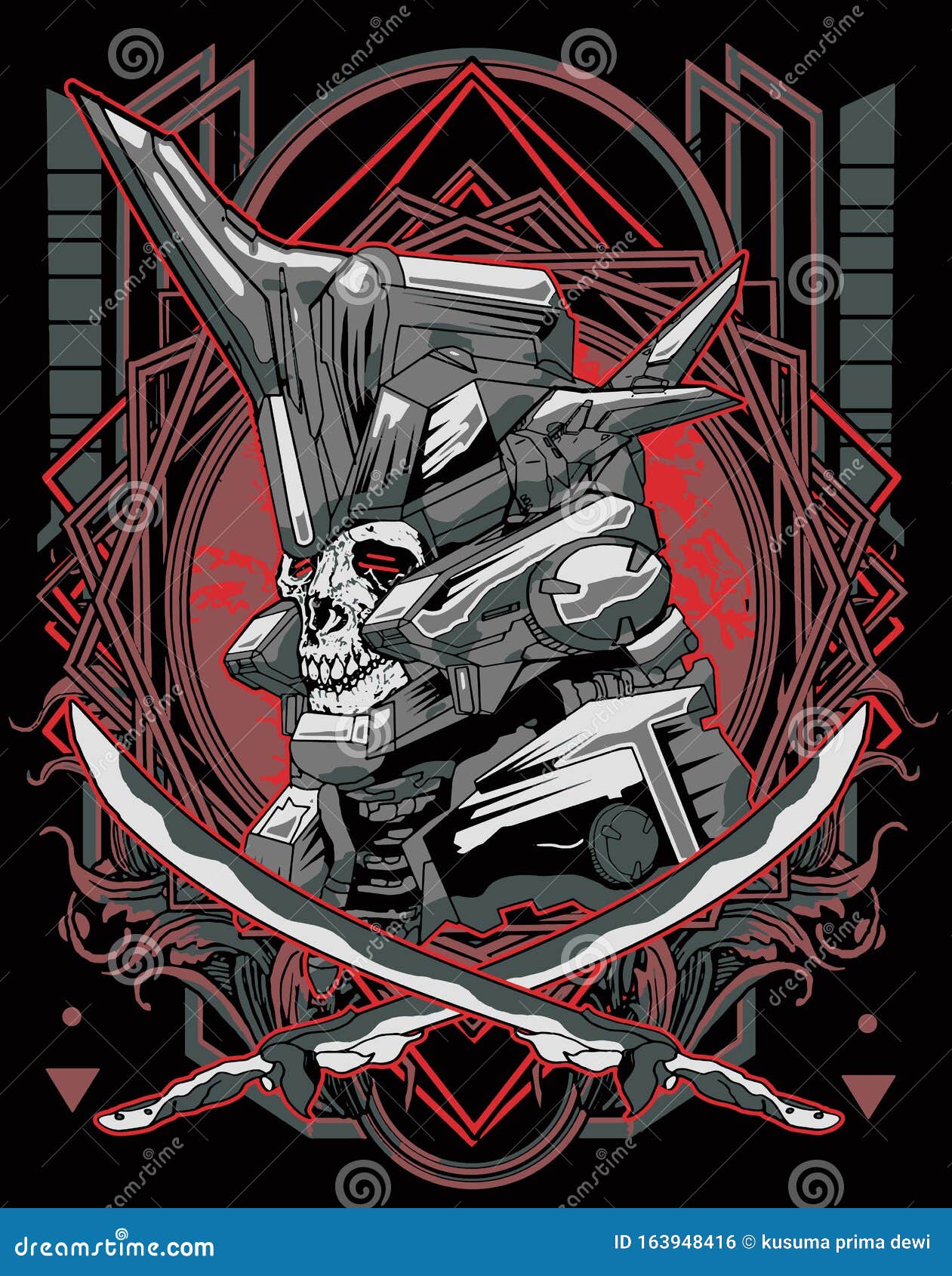 Samurai Skull Robotics Head in Dark Grey with White Sacred Geometry ...