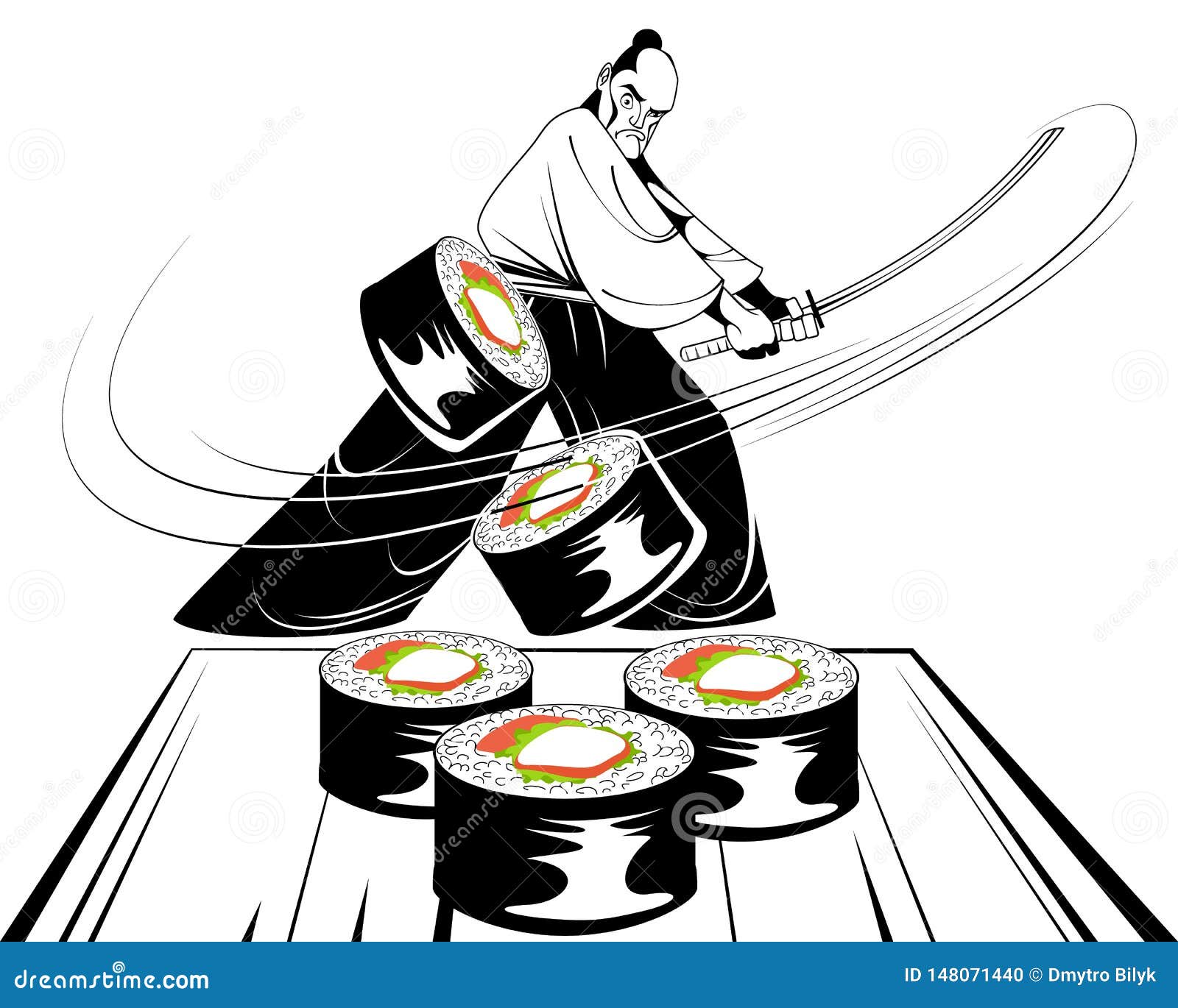 Samurai slicing rolls stock vector. Illustration of food - 148071440