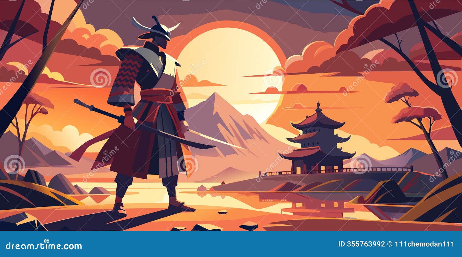 Samurai Standing in Front of a Sunset Landscape with Pagoda Stock ...
