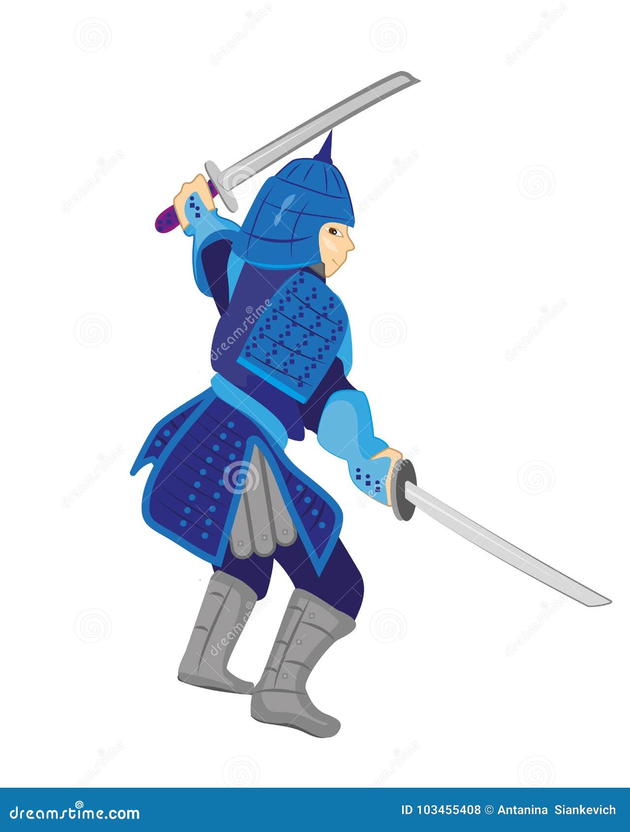 Samurai Standing And Holding Two Swords. Cartoon Samurai Warrior ...