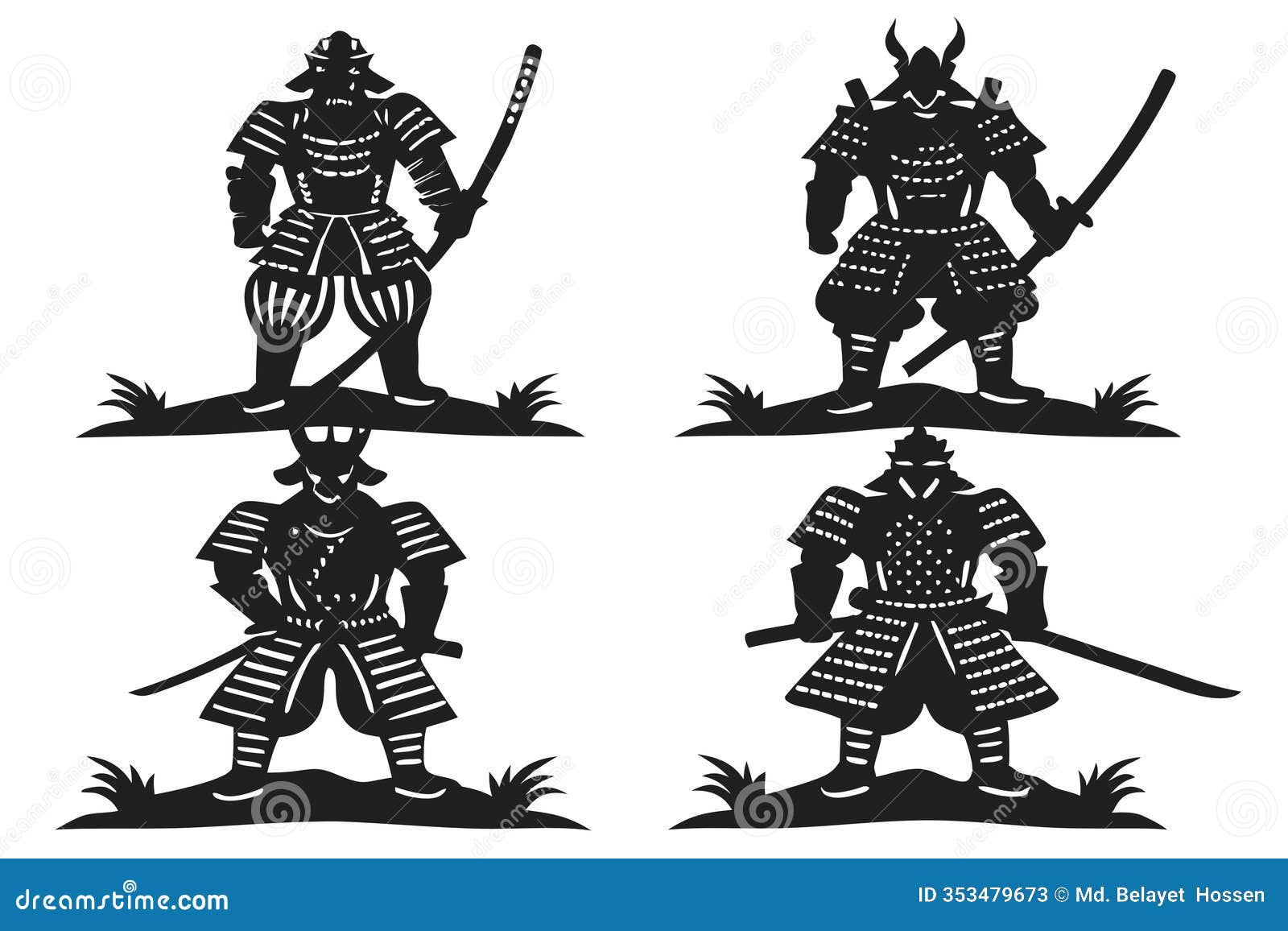Samurai Standing And Holding Two Swords. Cartoon Samurai Warrior ...