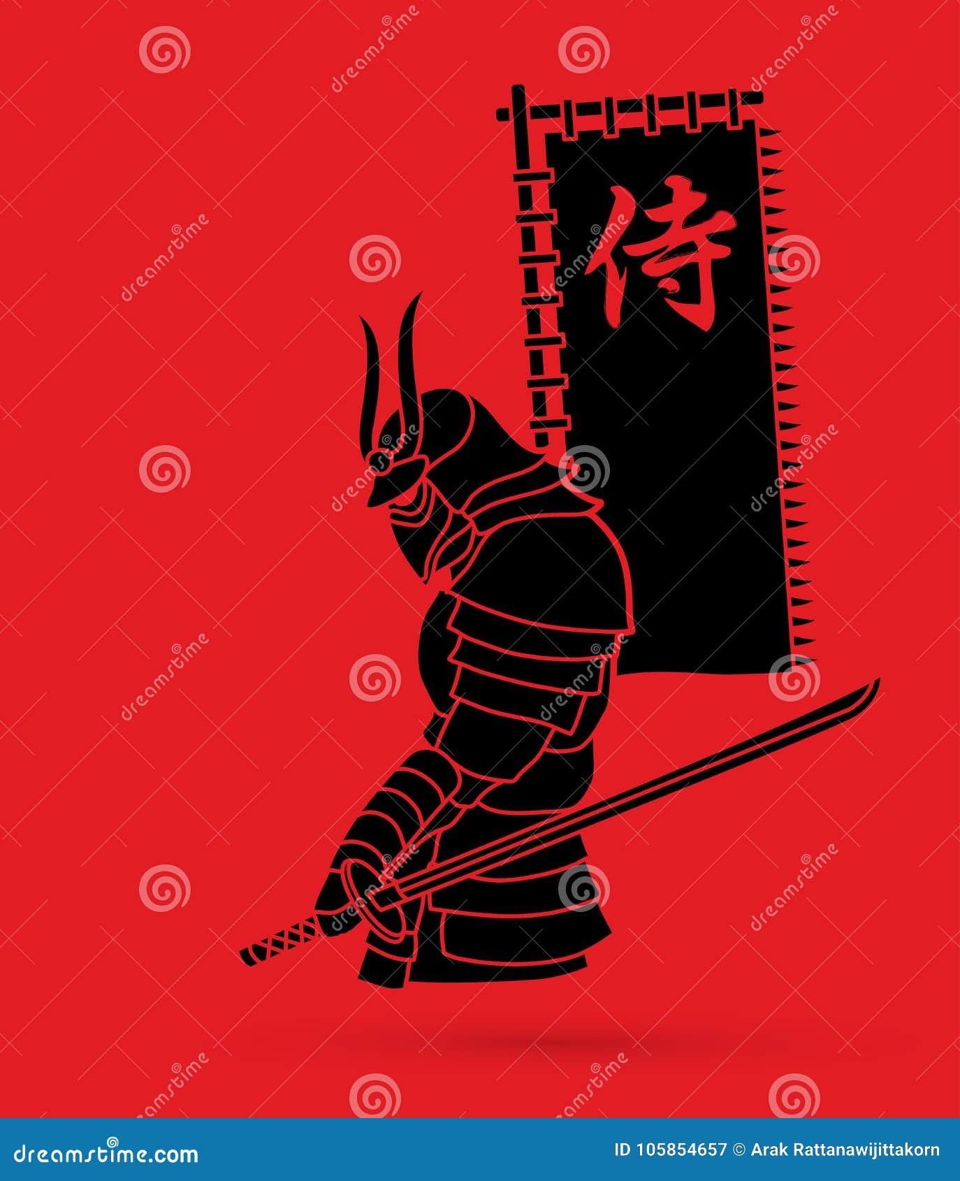 Samurai Standing with Sword and Flag Samurai Japanese Text Cartoon ...