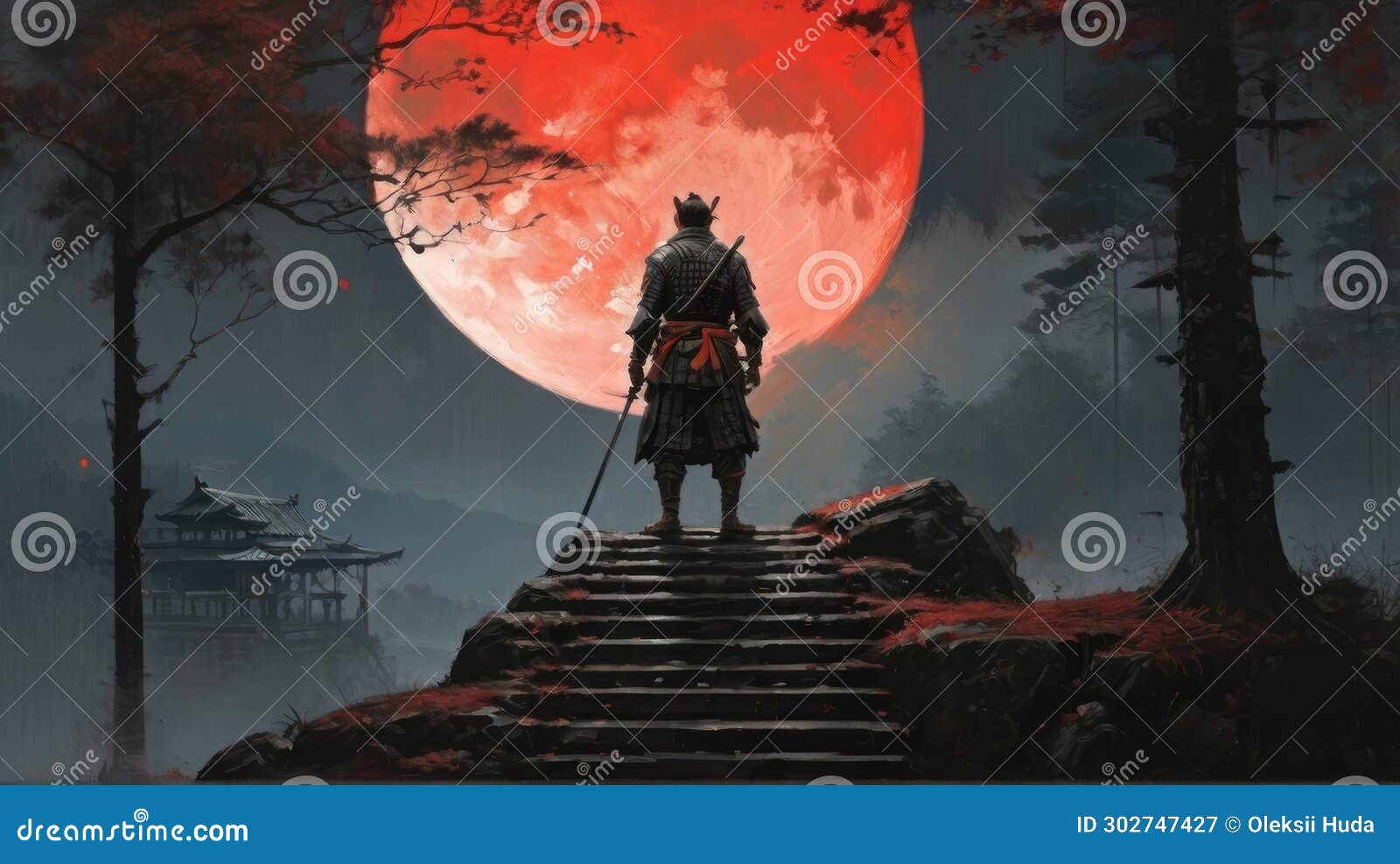 Samurai At Night City Street With Neon Lights. Generative Ai Royalty ...