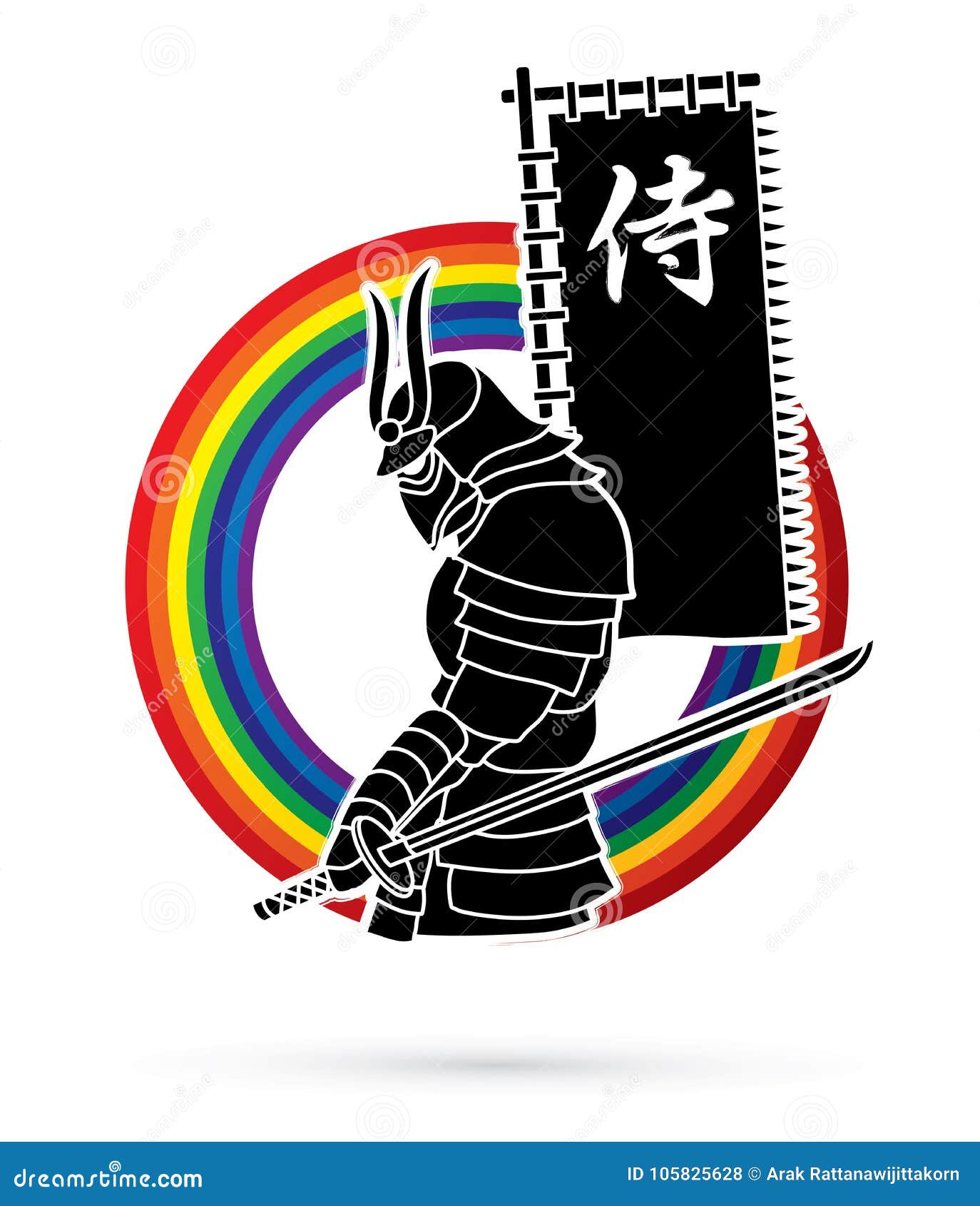 Samurai Standing with Sword and Flag Samurai Japanese Text Cartoon ...