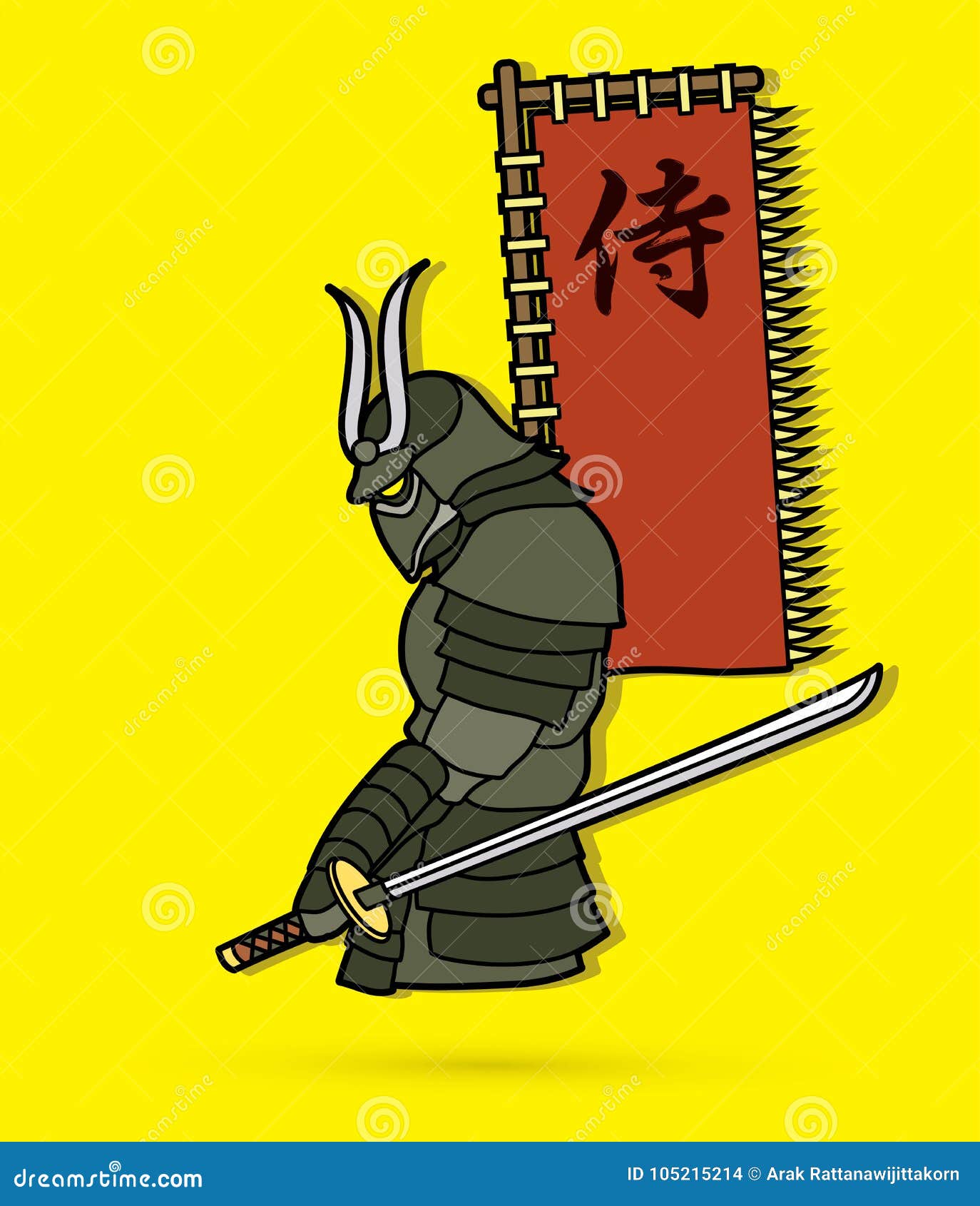 Samurai Standing with Sword and Flag Samurai Japanese Text Graphic ...