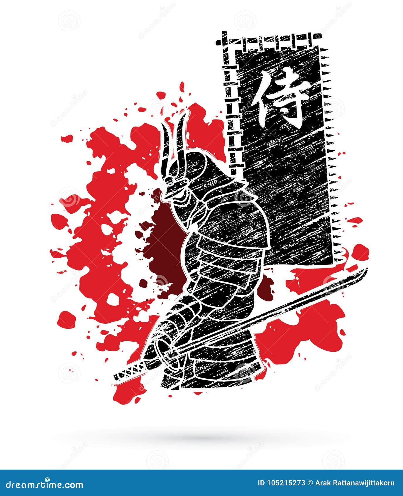Samurai Standing with Sword and Flag Samurai Japanese Text Graphic ...