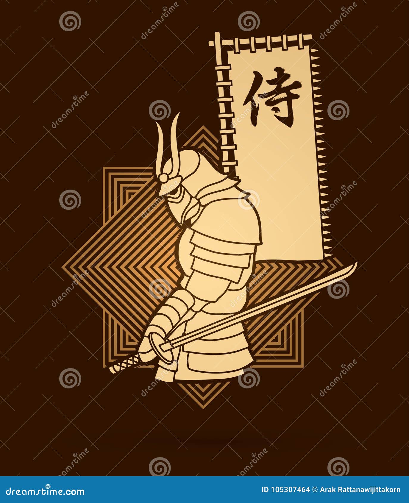Samurai Standing with Sword and Flag Samurai Japanese Text Graphic ...