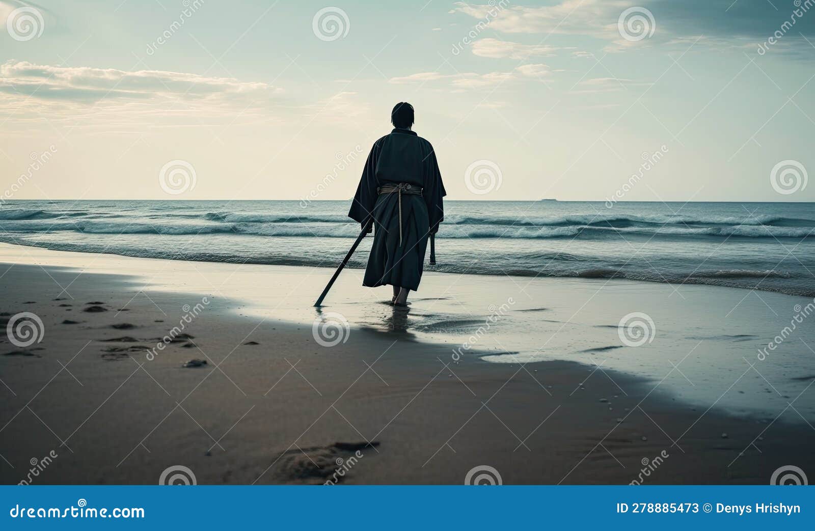 Samurai Stands Alone in Midst of Beach Creating Using Generative AI ...