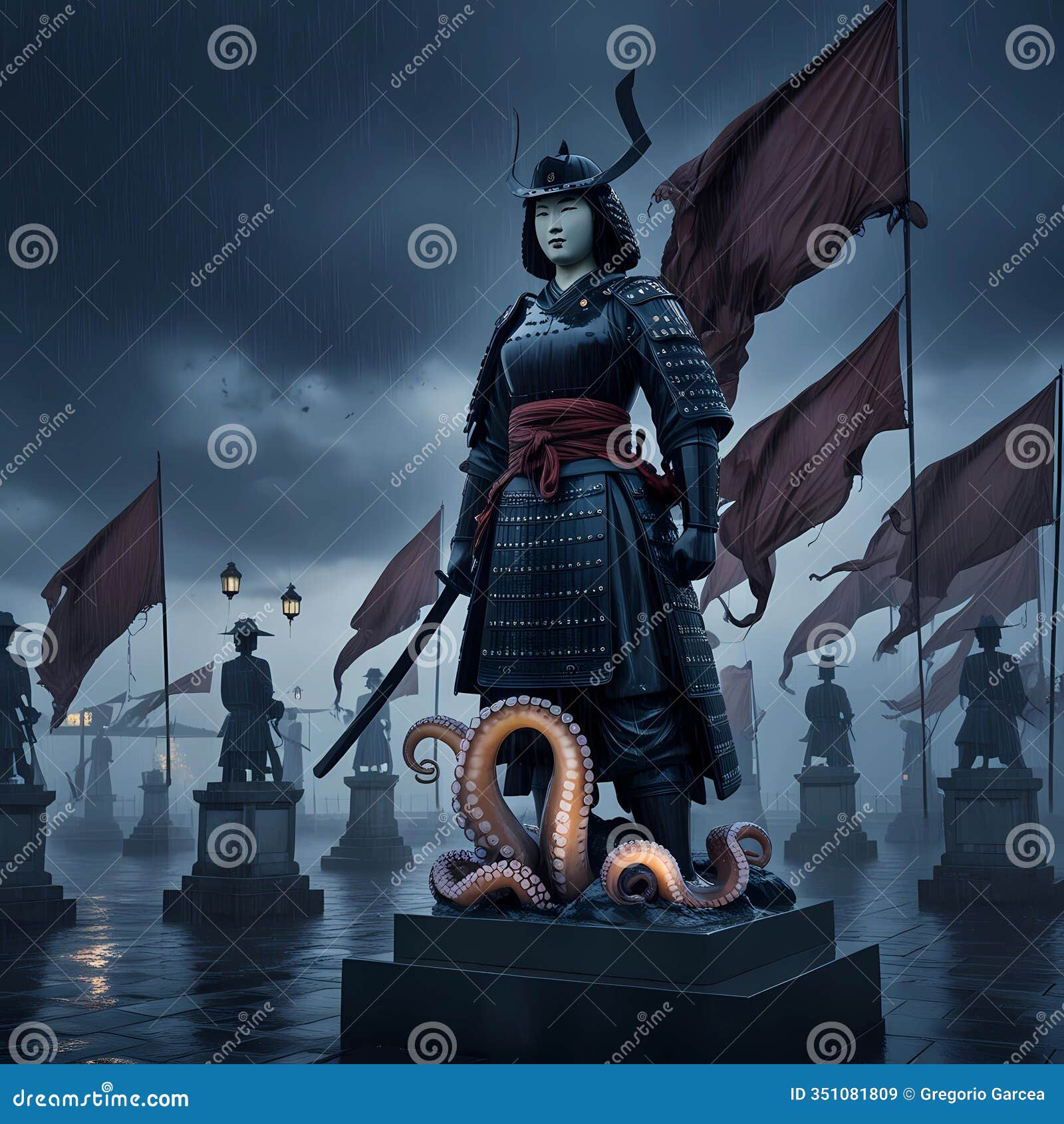 Samurai Statue in Japan in the Night Stock Illustration - Illustration ...