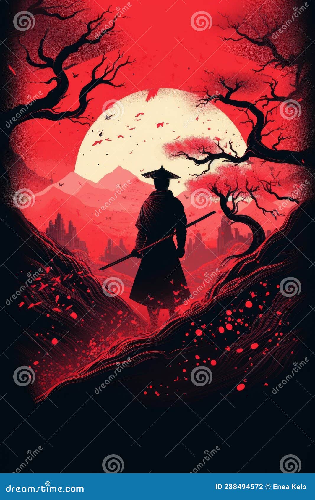 A Samurai and the Stunning Japanese Scenery Stock Illustration ...