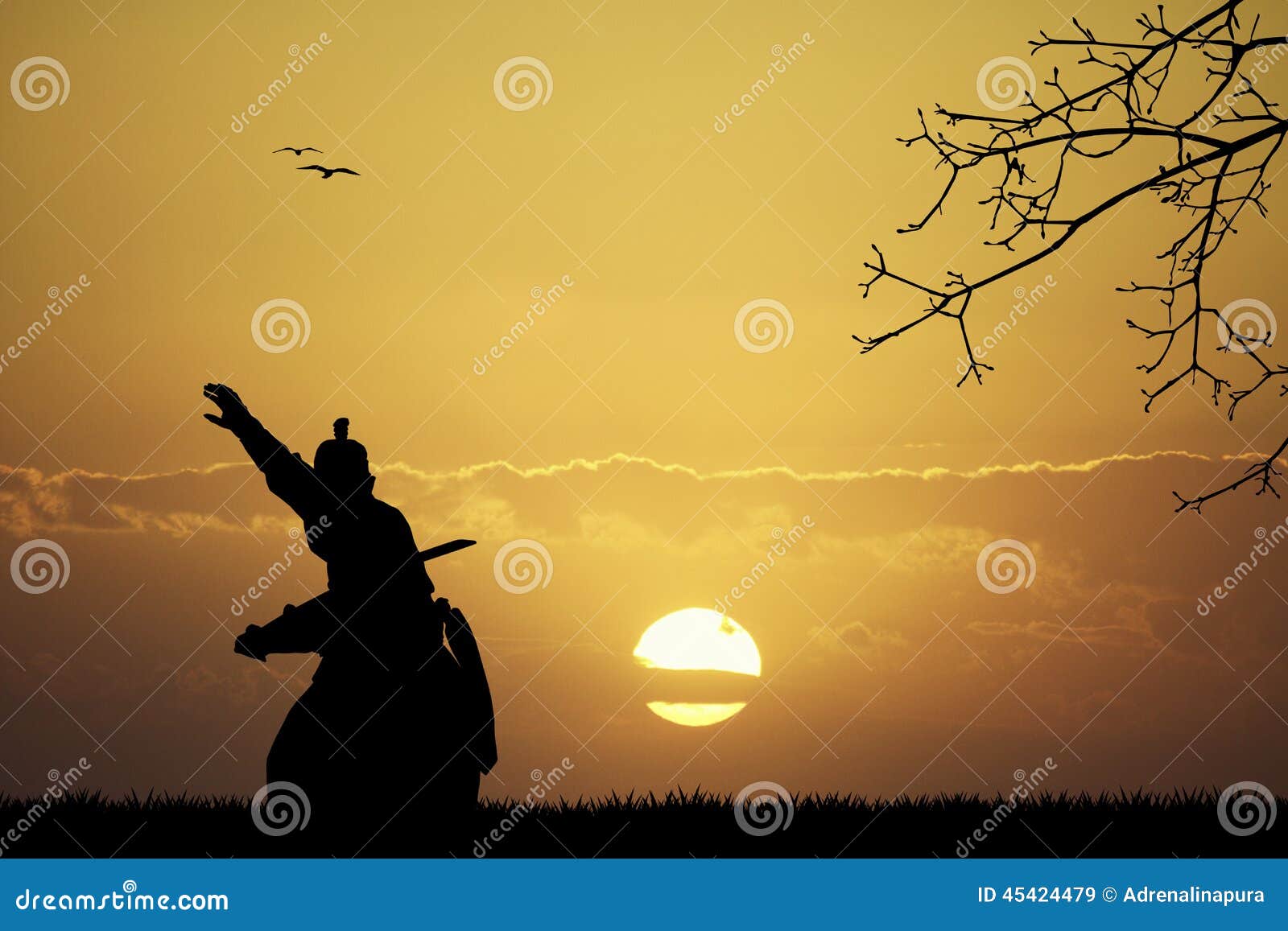Samurai at sunset stock illustration. Illustration of stealth - 45424479