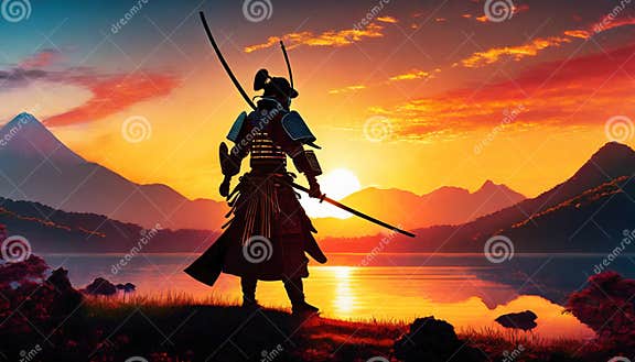 Samurai at sunset stock illustration. Illustration of samurai - 329024105
