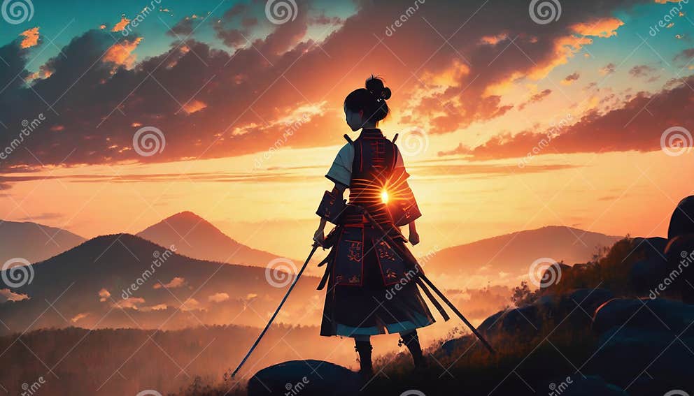 Samurai at sunset stock illustration. Illustration of suitable - 329024087