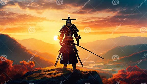 Samurai at sunset stock illustration. Illustration of sunrise - 329024123