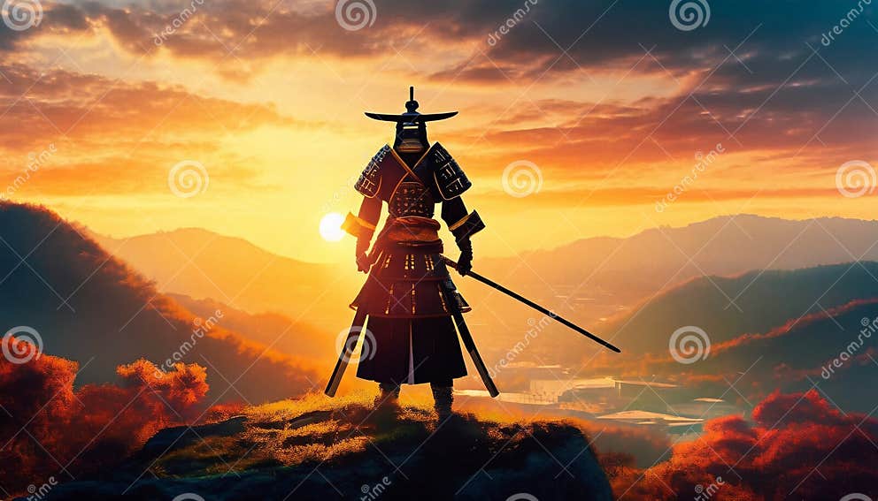 Samurai at sunset stock illustration. Illustration of sunrise - 329024123