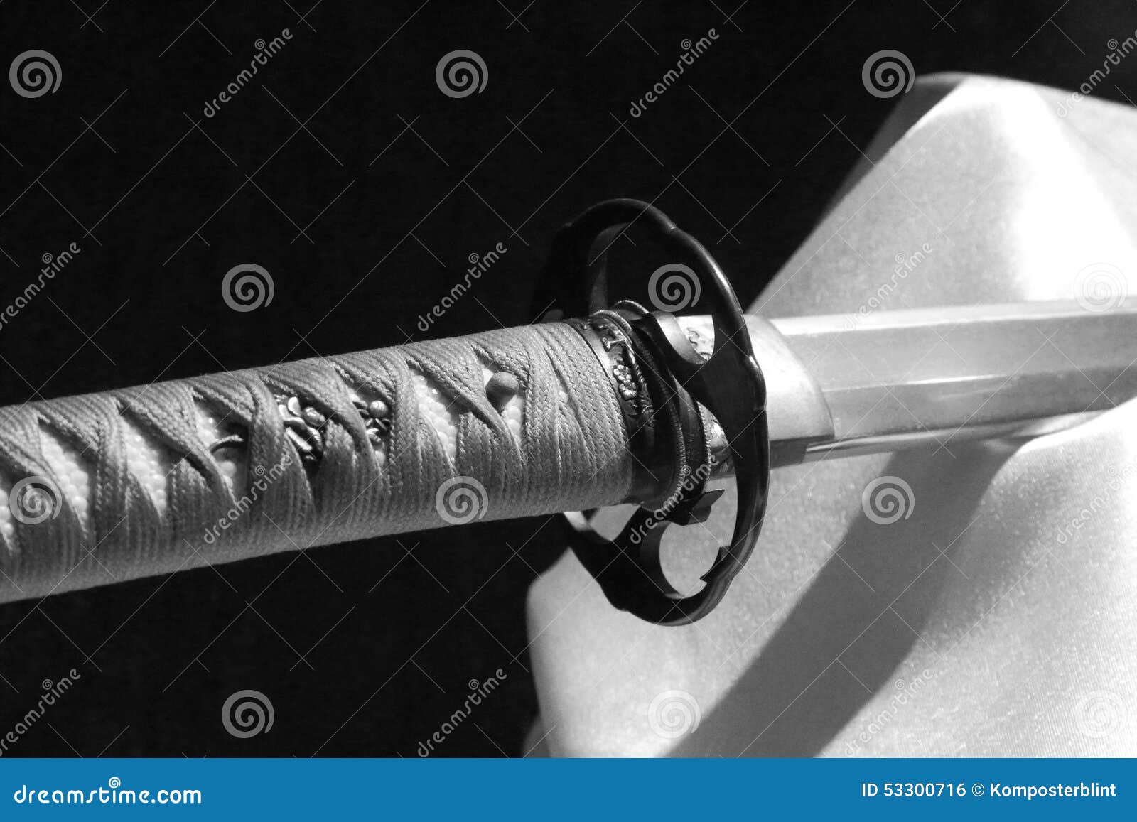 Samurai Sword in Black and White Stock Photo - Image of black, silk ...