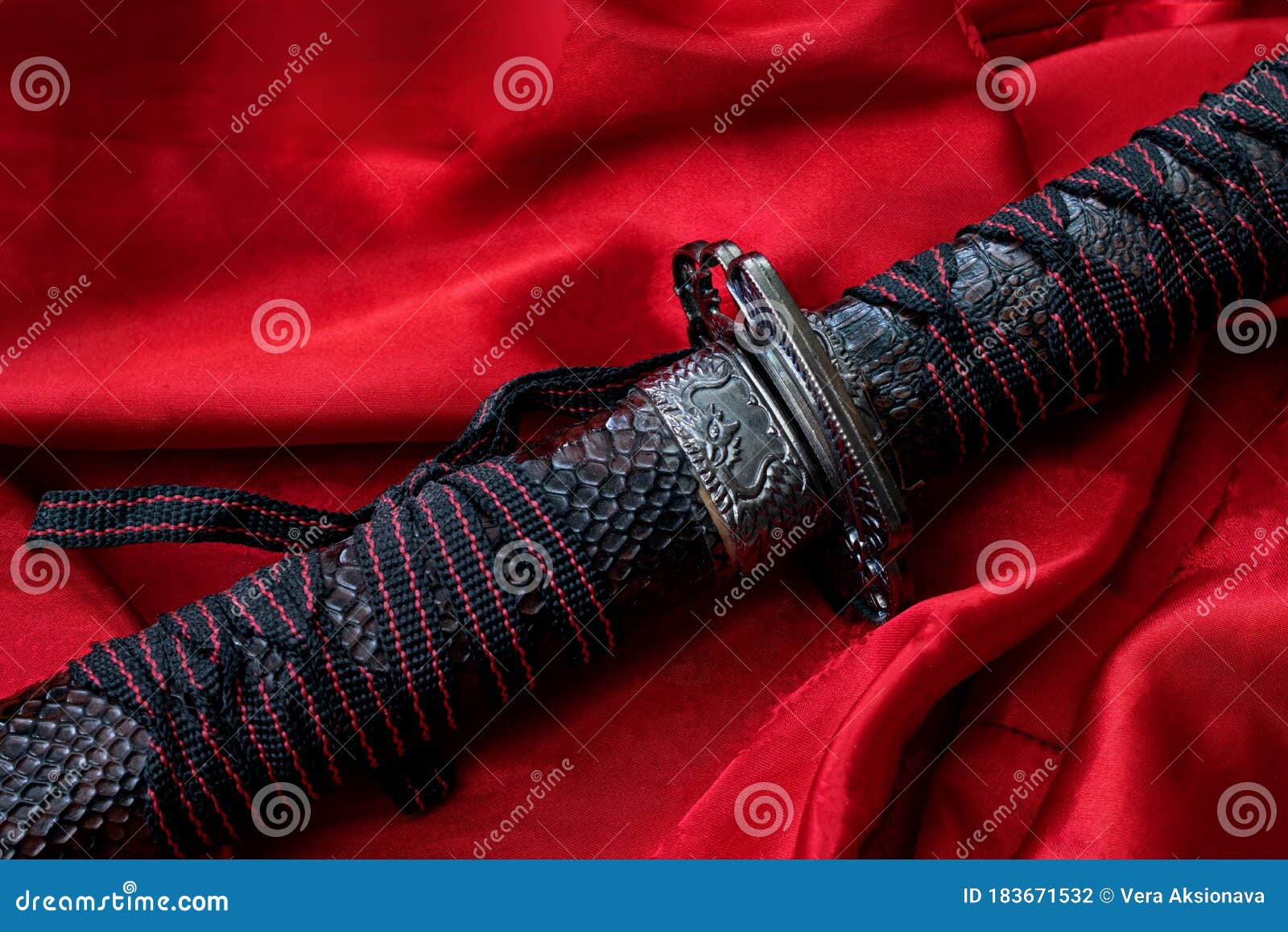 Samurai Sword on the Red Cloth Closeup Stock Photo - Image of fabric ...