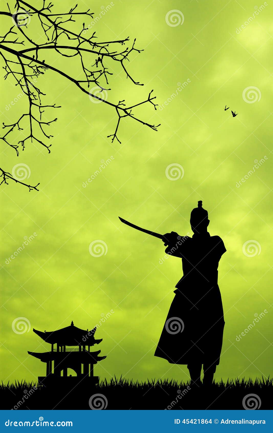 Samurai with Swords at Sunset Stock Illustration - Illustration of ...