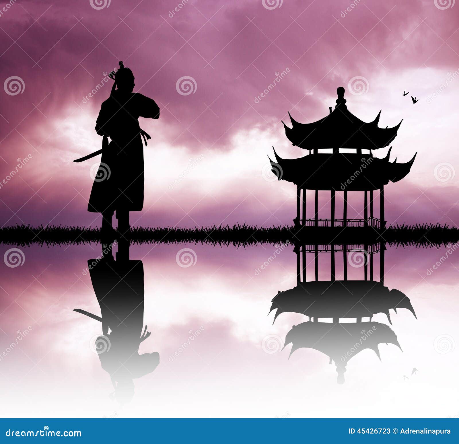 Samurai with Swords at Sunset Stock Illustration - Illustration of ...