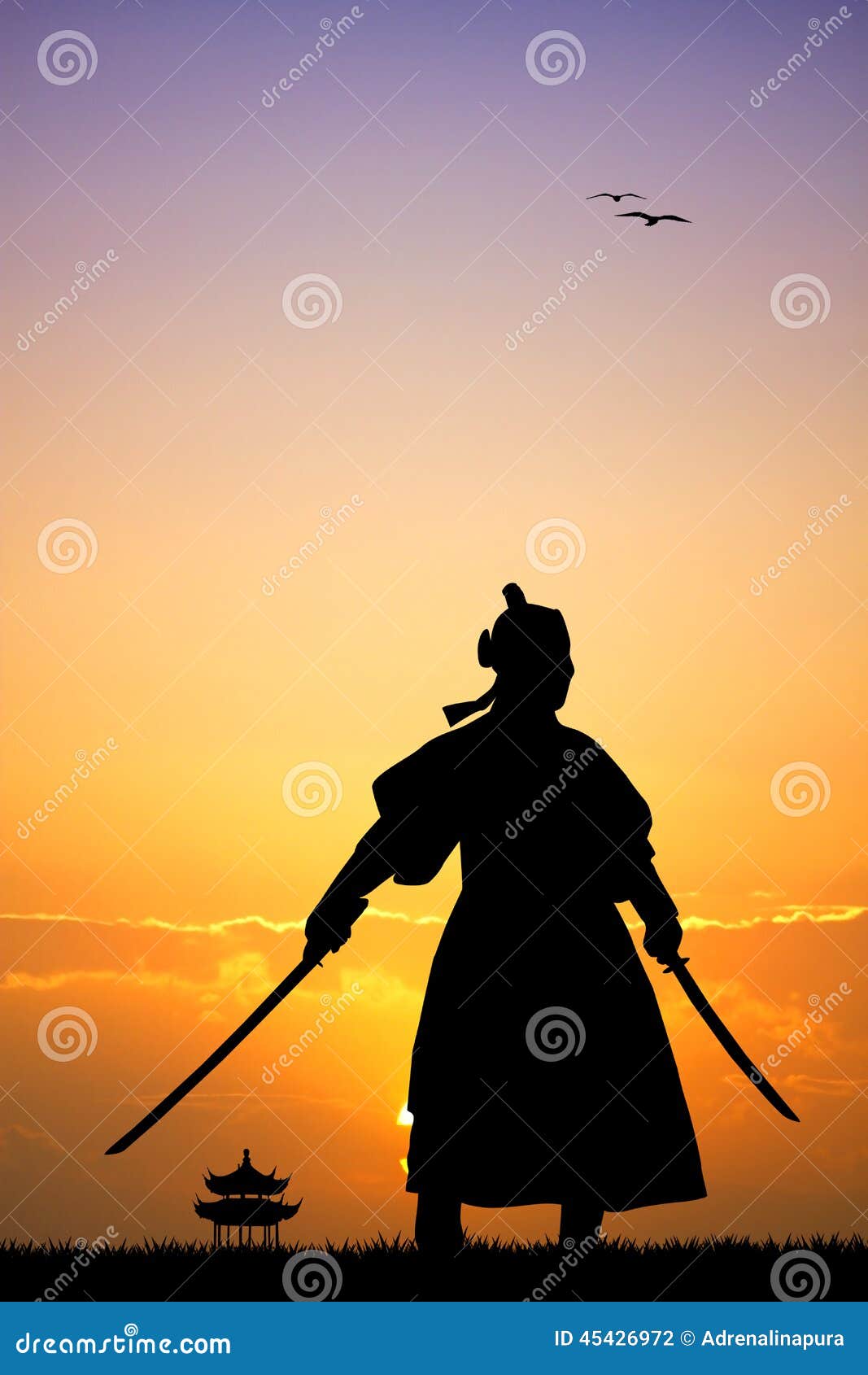 Samurai with Swords at Sunset Stock Illustration - Illustration of ...