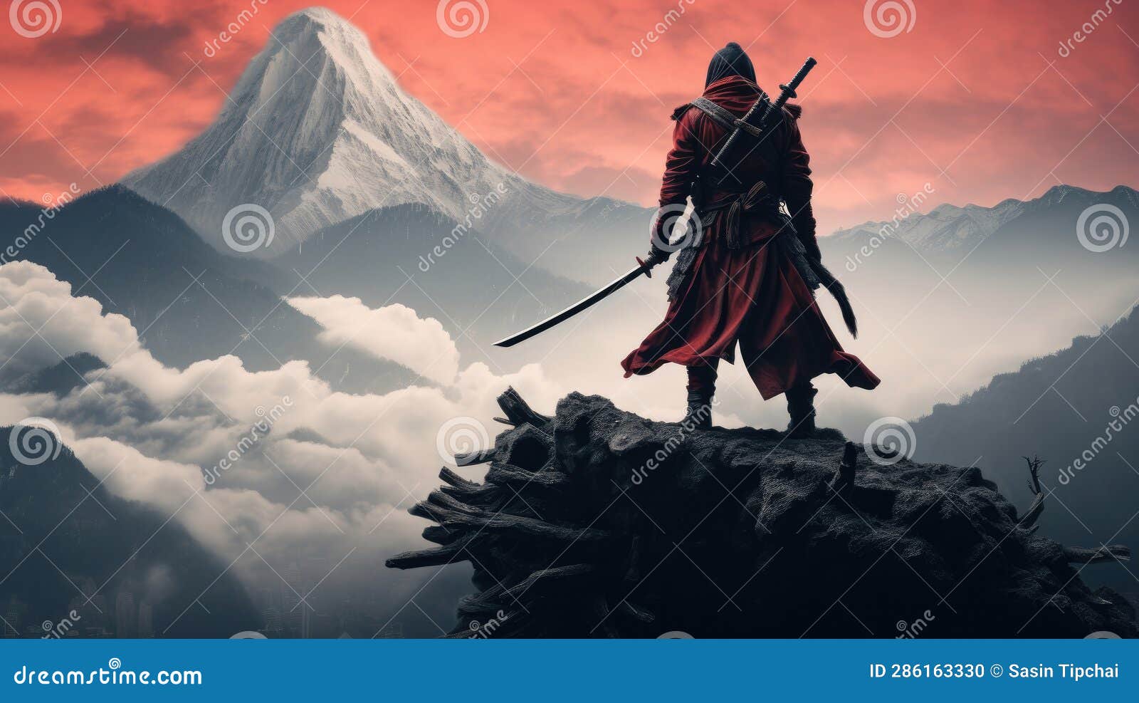 Samurai on top of mountain stock illustration. Illustration of person ...